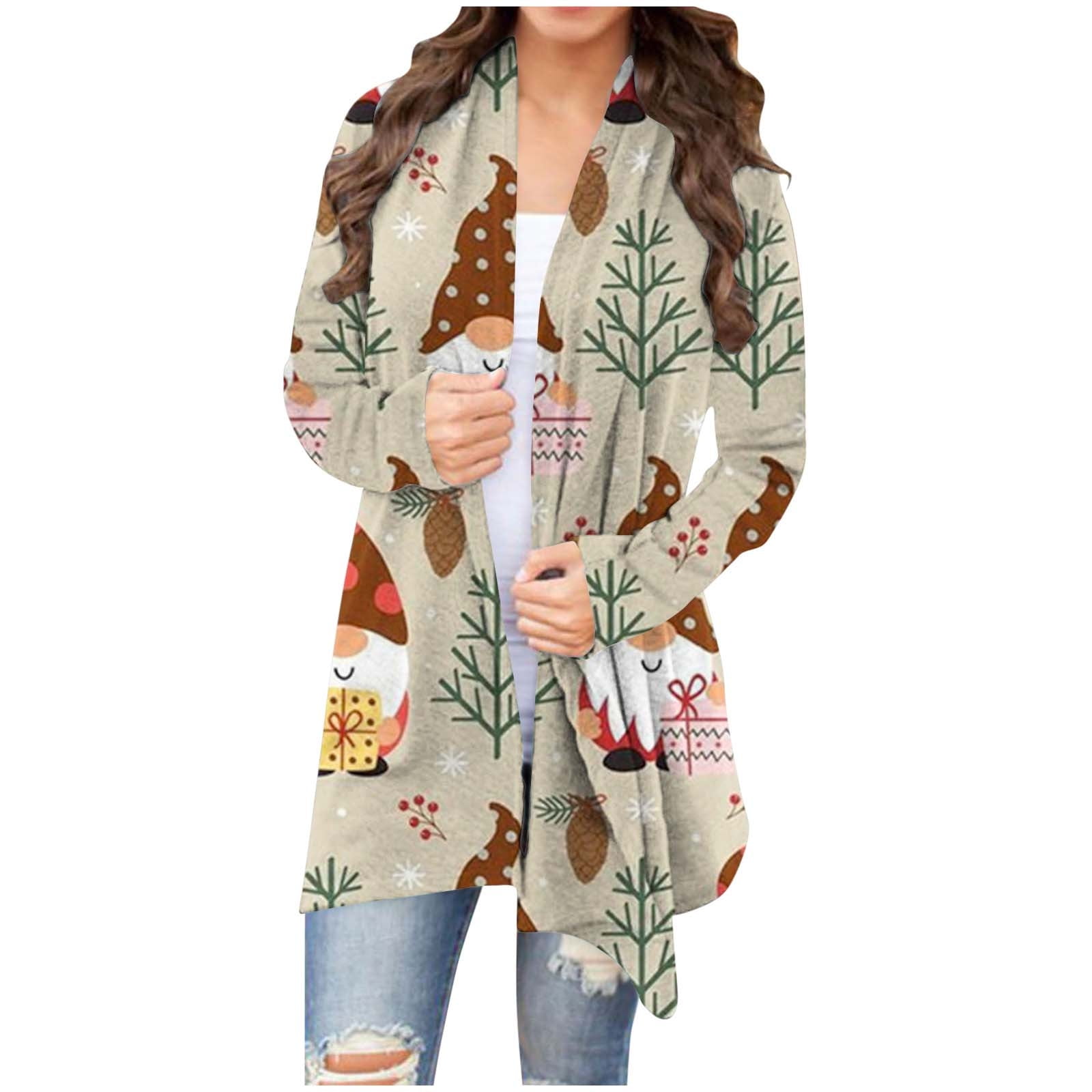 jsaierl Womens Christmas Cardigan Open Front Long Sleeve Shirts Gnomes ...