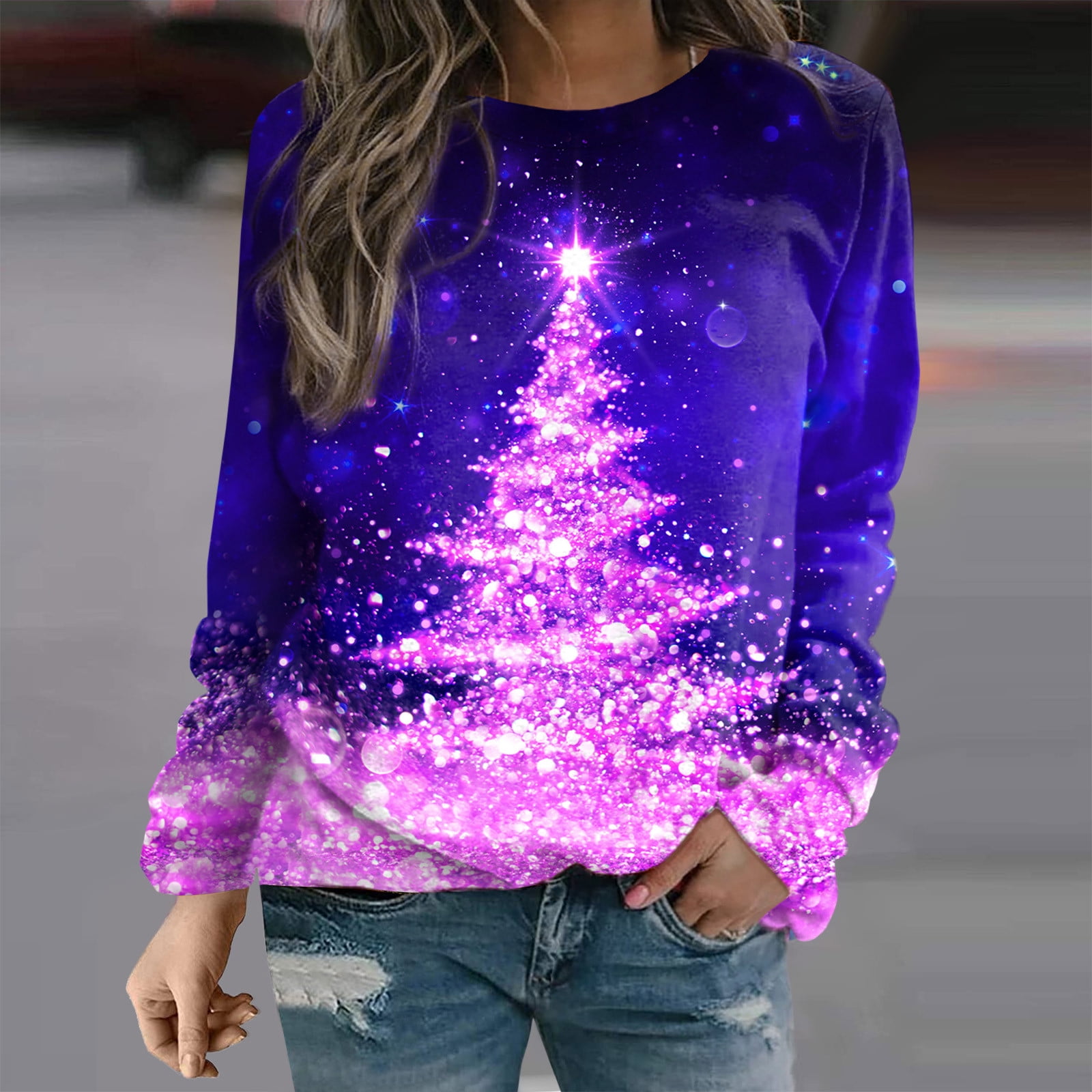 jsaierl Womens Christmas Shirts Fashion Glitter Xmas Tree 3D Print Tops ...