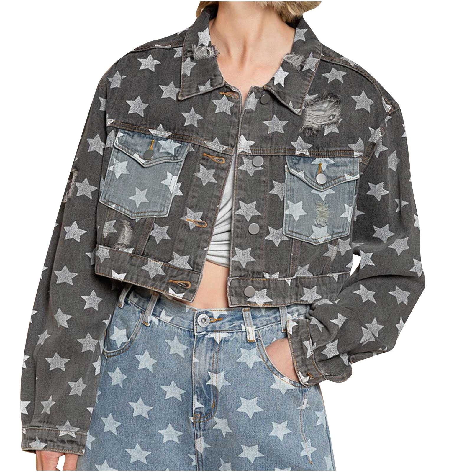 jsaierl Womens Crop Star Prints Washed Jean Jacket Fashion Long Sleeve ...