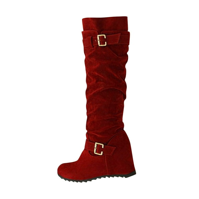Jsaierl Womens Knee High Boots Suede Riding Boots Hide Wedge Heels Wide