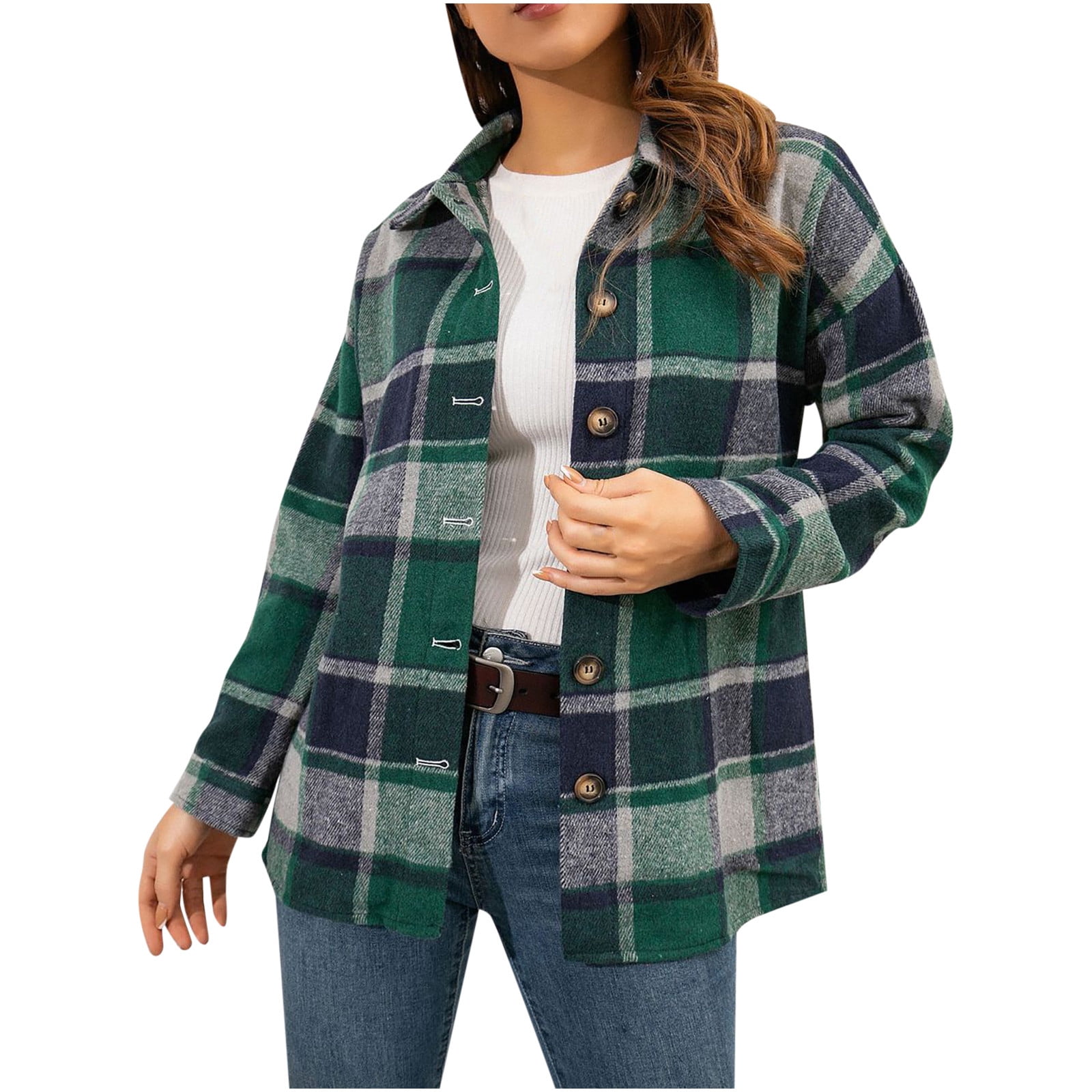 jsaierl Womens Shacket Jacket Flannel Shacket Fall Plaid Jackets Long ...