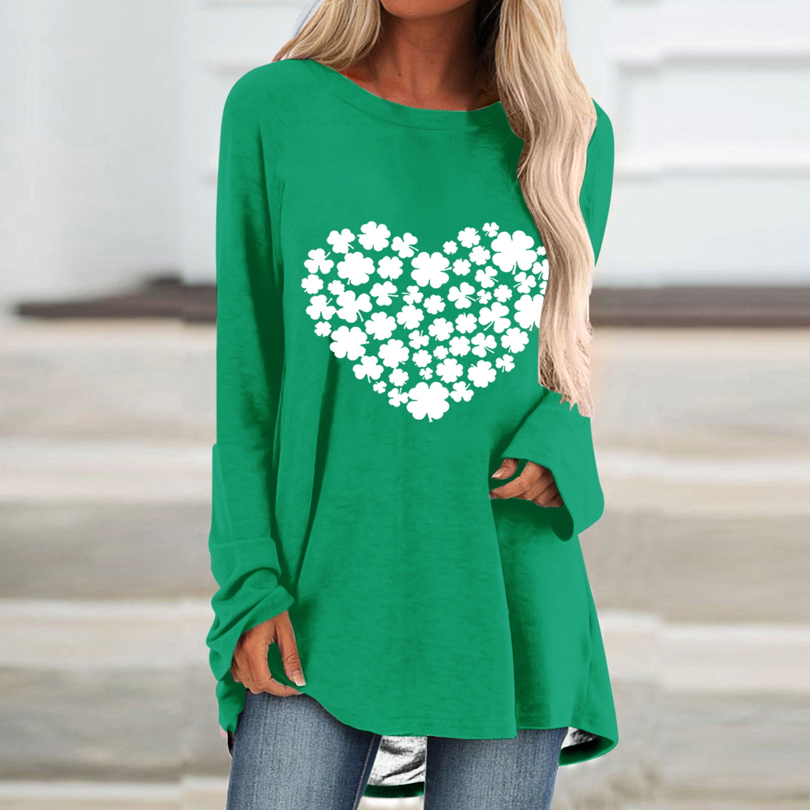 Jsaierl Womens St Patricks Day Shirts Plus Size Four Leaf Clover Print
