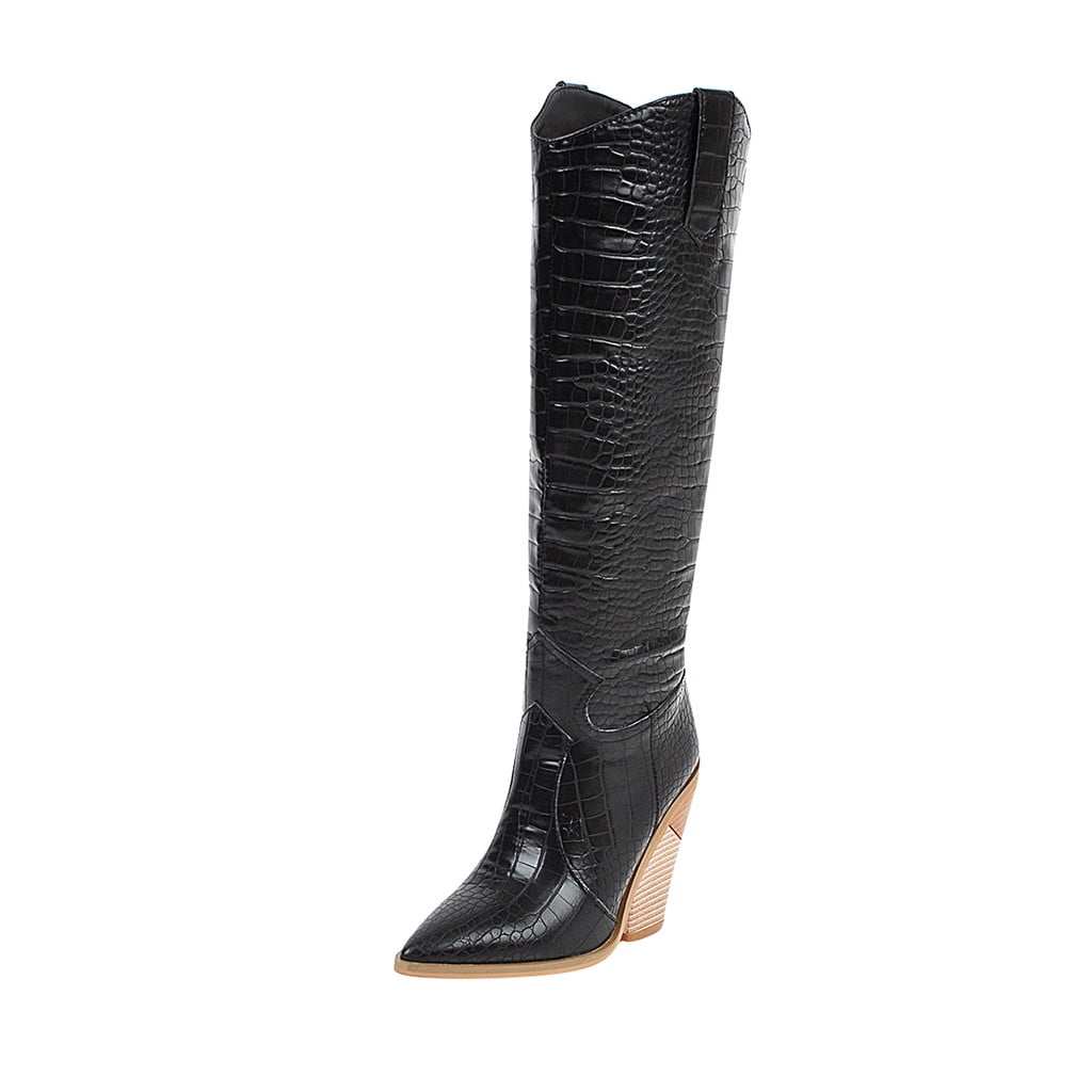 jsaierl Womens Wedges Pointed Toe Boots Knee High Side Zipper Chunky ...