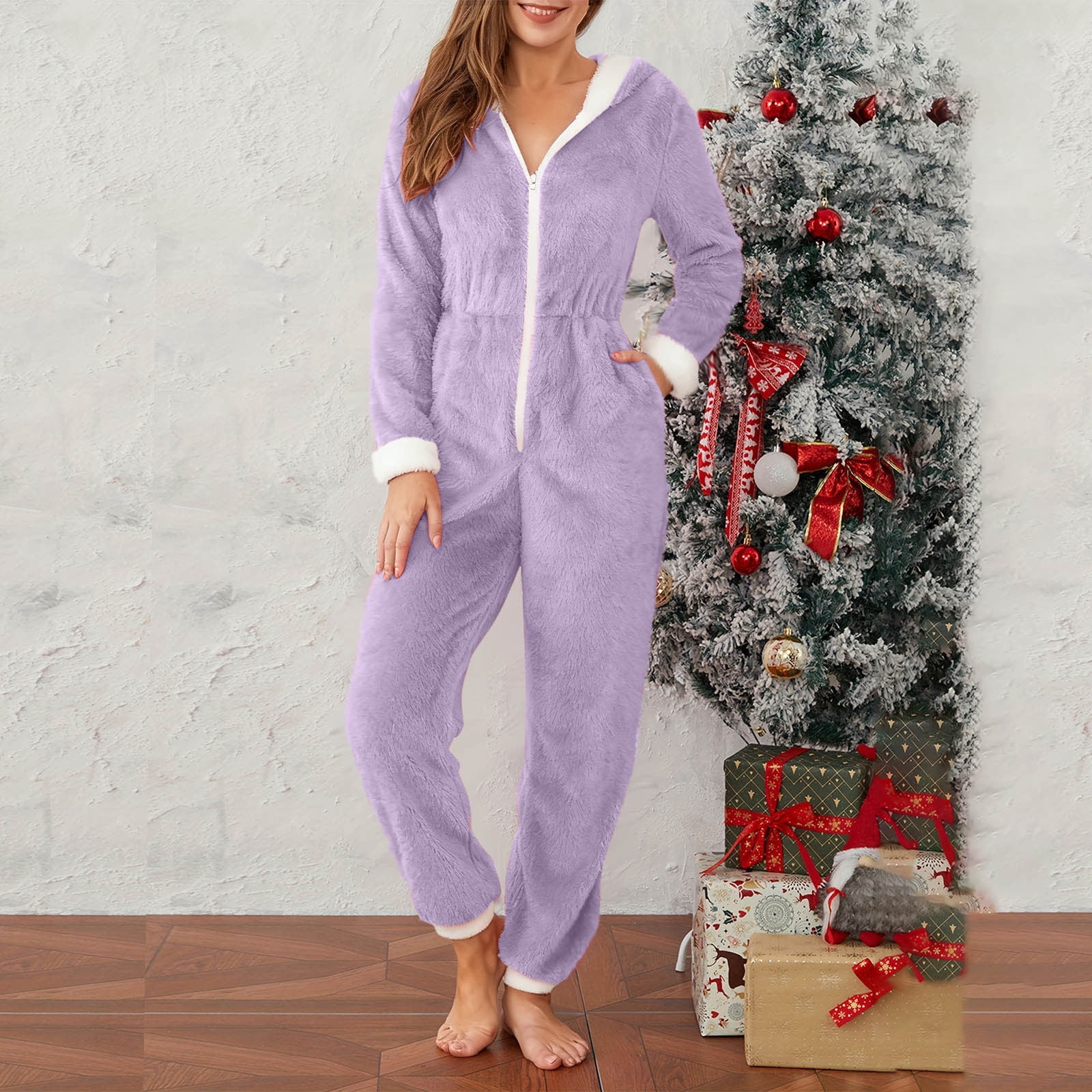 Jsaierl Women's Fleece Onesie Pajamas Cozy Warmth Hooded Zipper ...