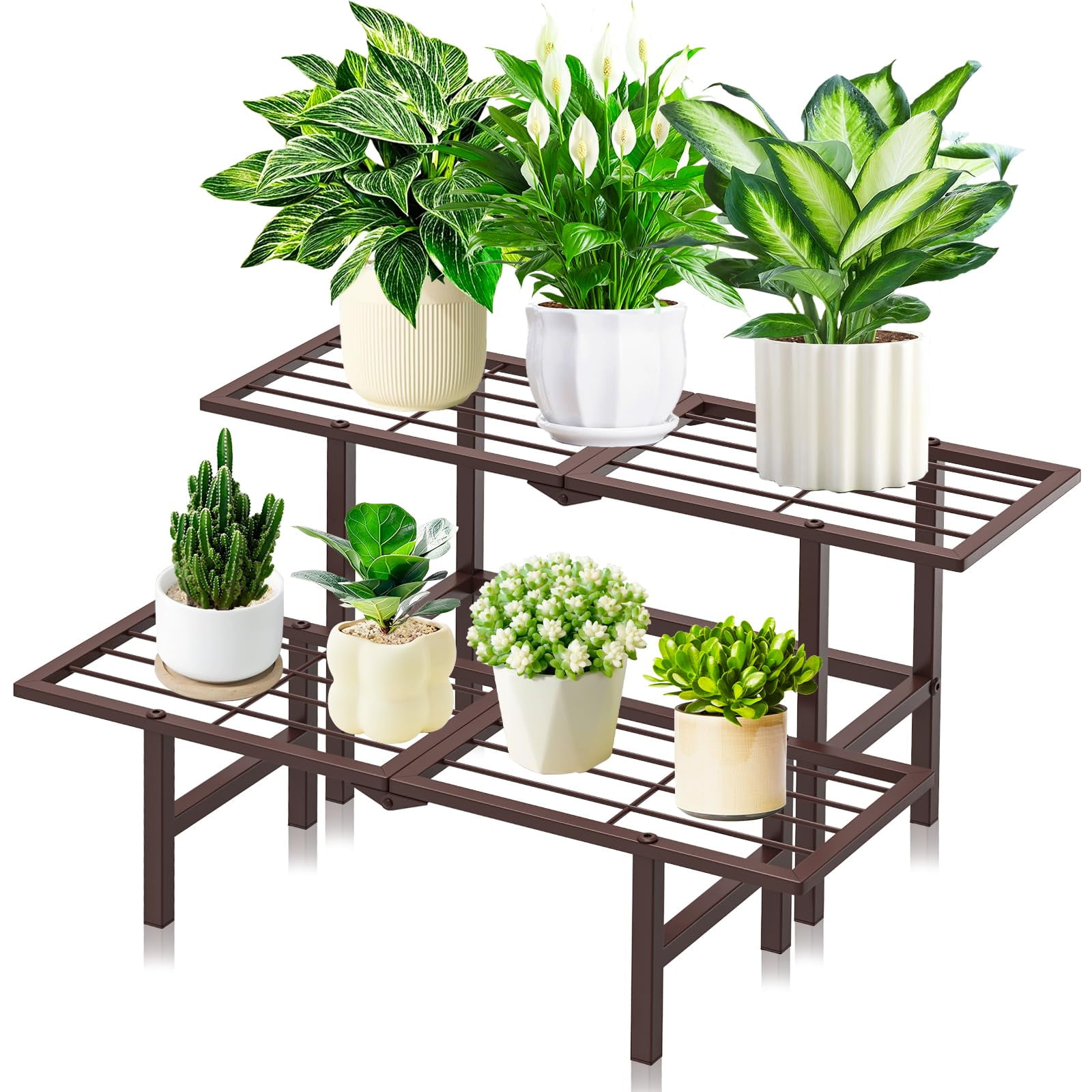 jsyonii Plant Stand Indoor Outdoor, 2-Tier Foldable Metal Ladder Plant ...