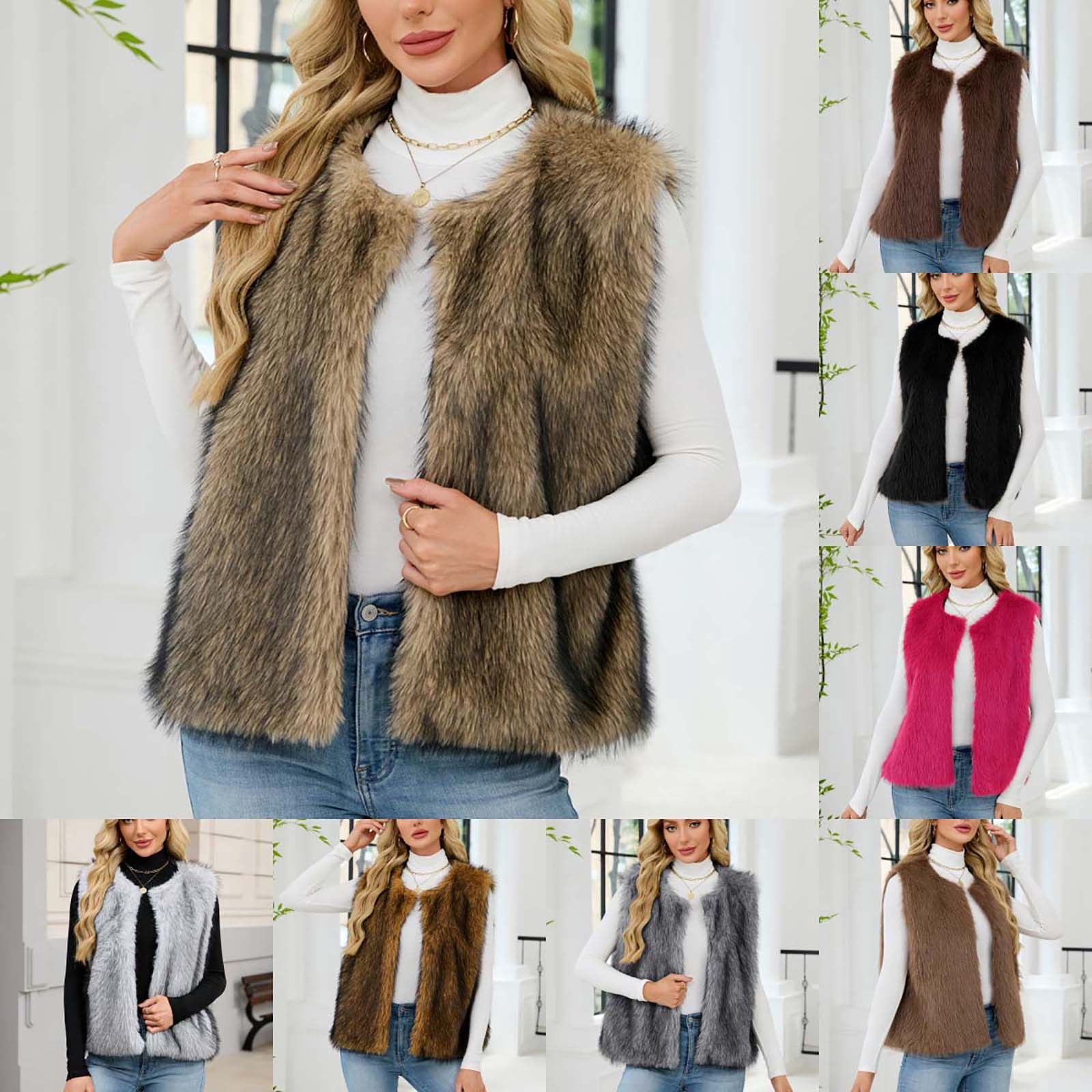 jtjvou Faux Fur Vests for Women Fluffy Warm Open Front Sleeveless ...