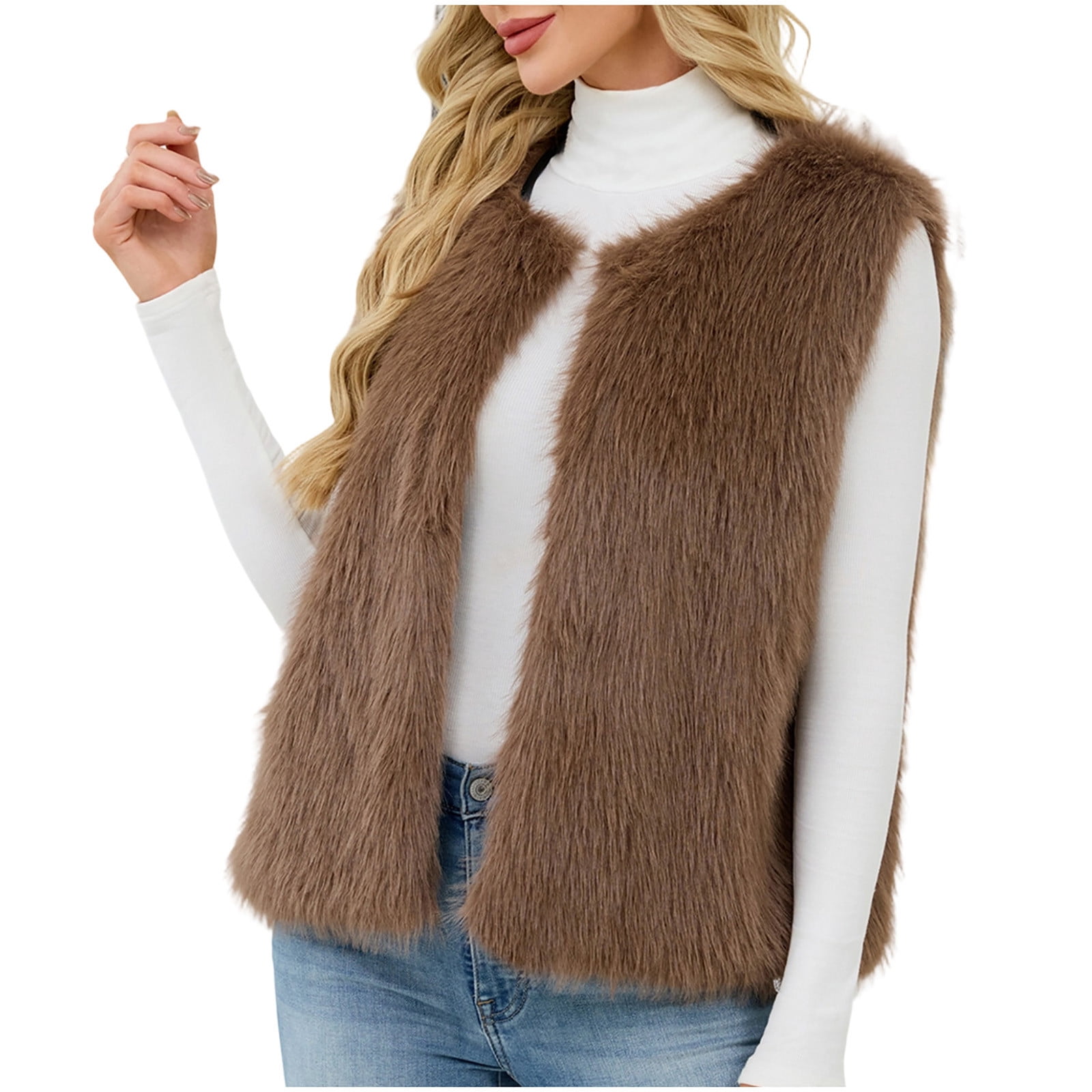 jtjvou Faux Fur Vests for Women Fluffy Warm Open Front Sleeveless ...