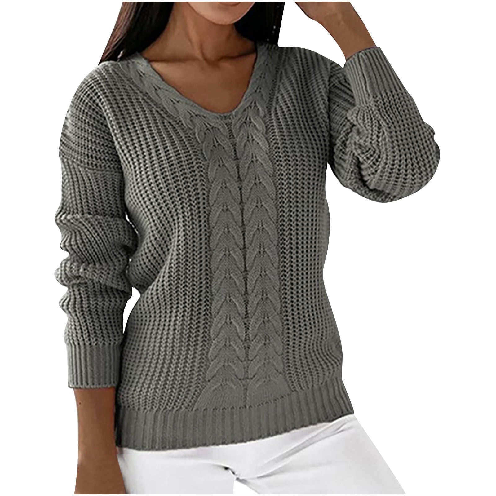 jtjvou Sweaters for Women Long Sleeve V Neck Cable Knit Sweater 2024 ...