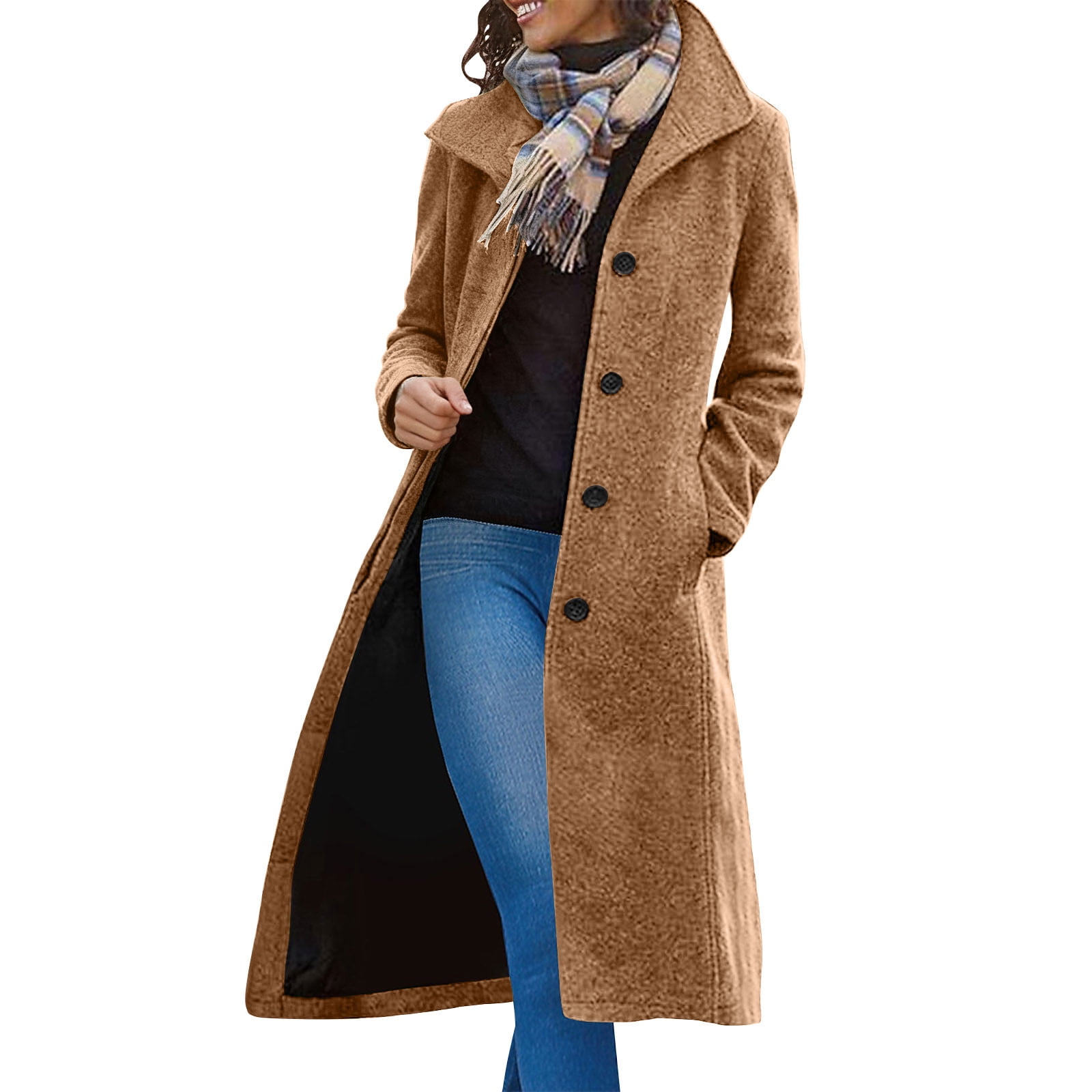 jtjvou Winter Long Pea Coats for Women Wool Blend Stand Collar Single ...