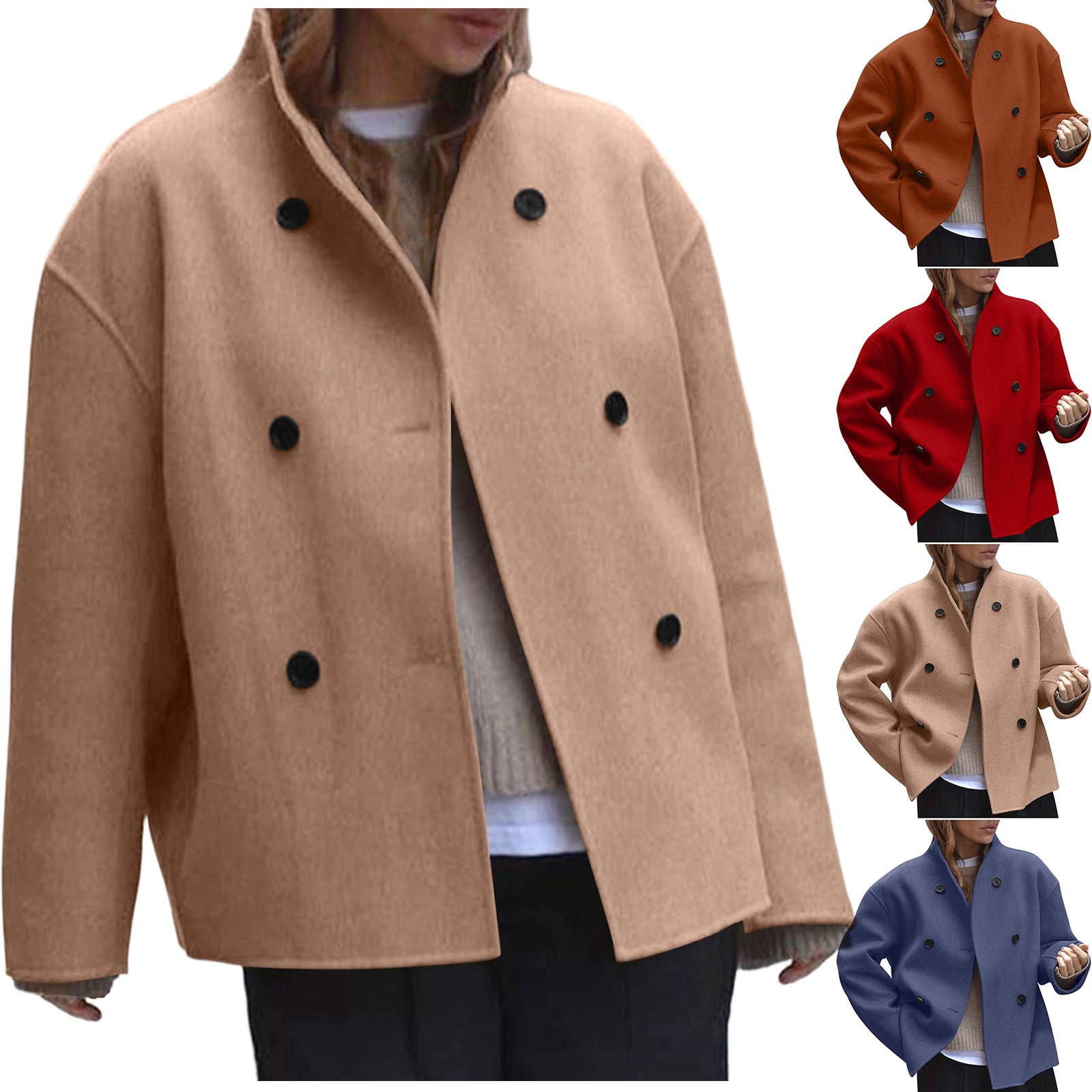 jtjvou Women Cropped Pea Coat Double Breasted Wool Trendy Casual Jacket ...