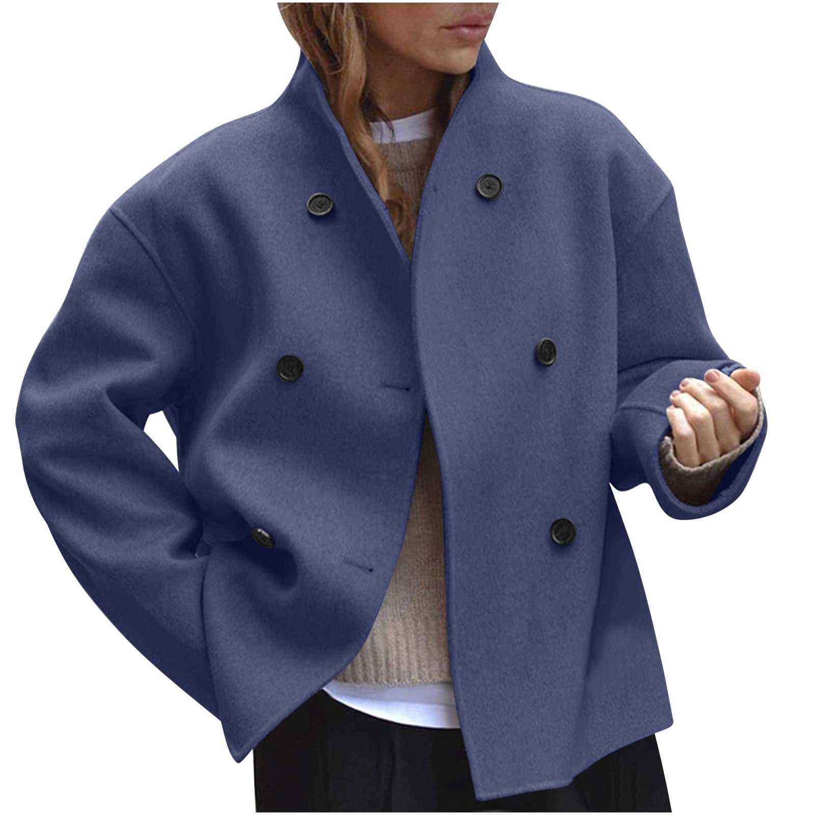 jtjvou Women Cropped Pea Coat Double Breasted Wool Trendy Casual Jacket ...
