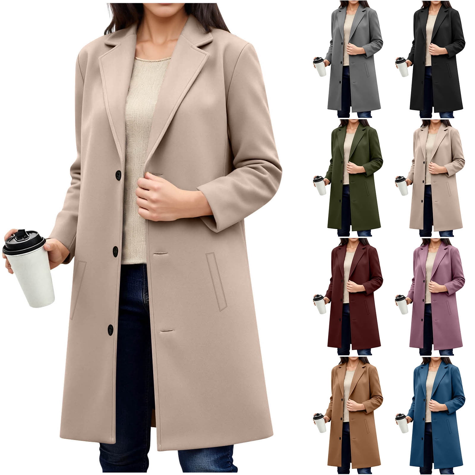 jtjvou Women's Peacoat Long Single-breast Faux Wool Jacket Fall Winter ...