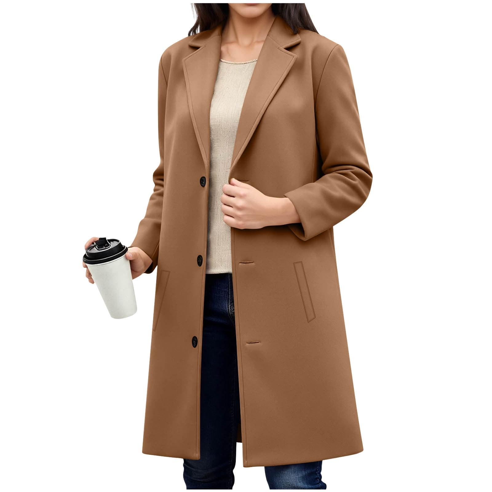 jtjvou Women's Peacoat Long Single-breast Faux Wool Jacket Fall Winter ...