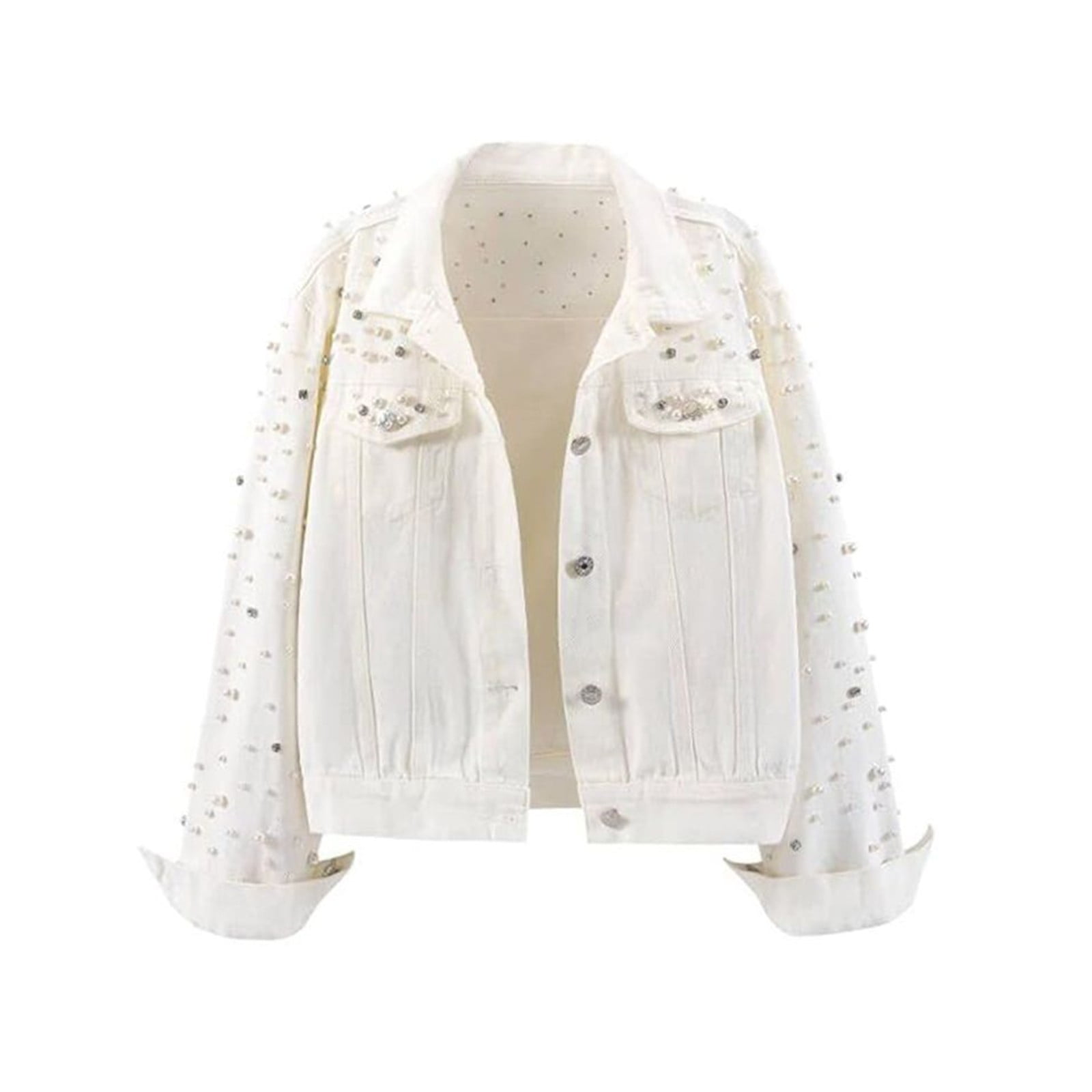 jtjvou Women's Pearls Denim Jacket Long Sleeve Cropped Rhinestones Jean ...