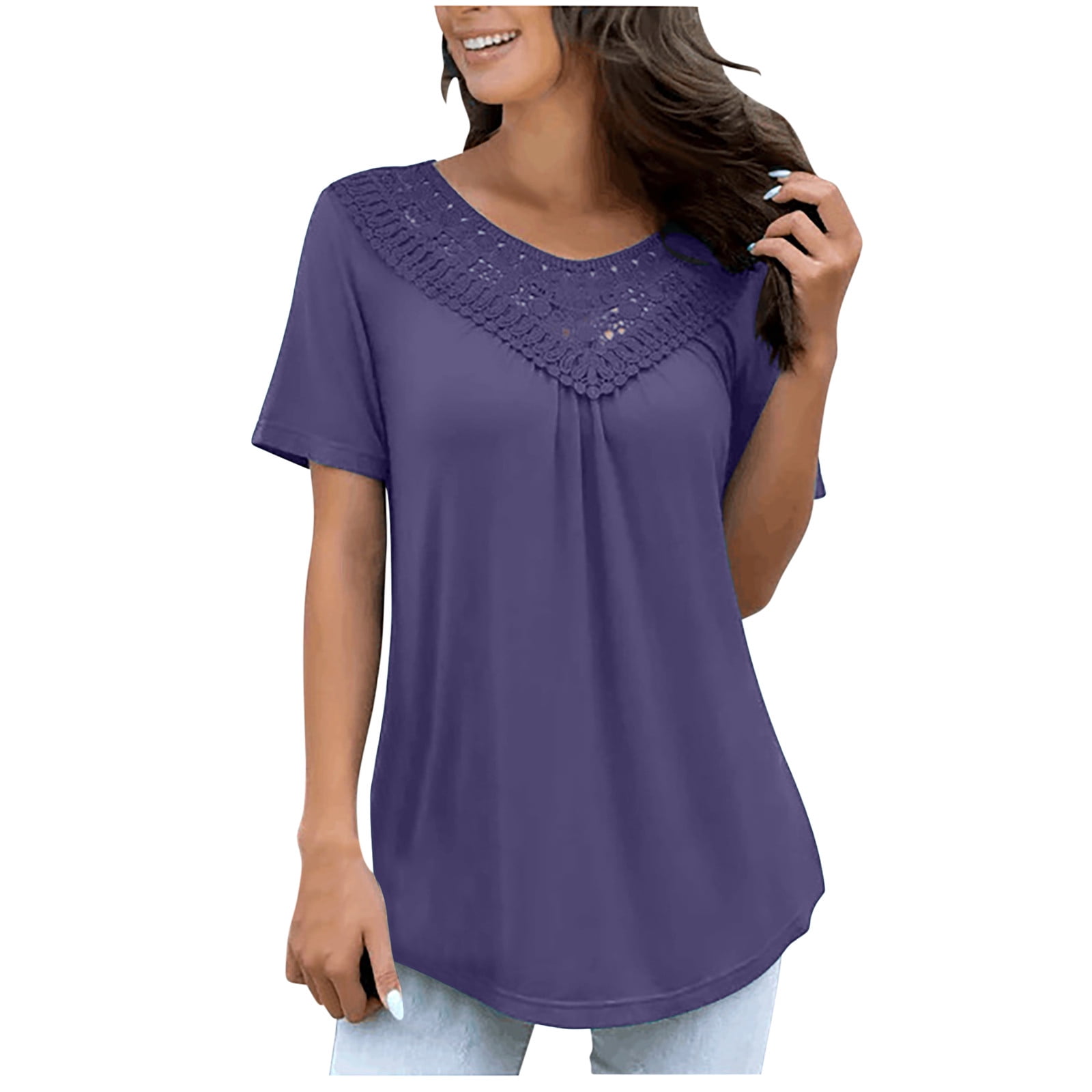 jtjvou Women's Plus Size Summer Tops Short Sleeve Shirts Lace Pleated ...