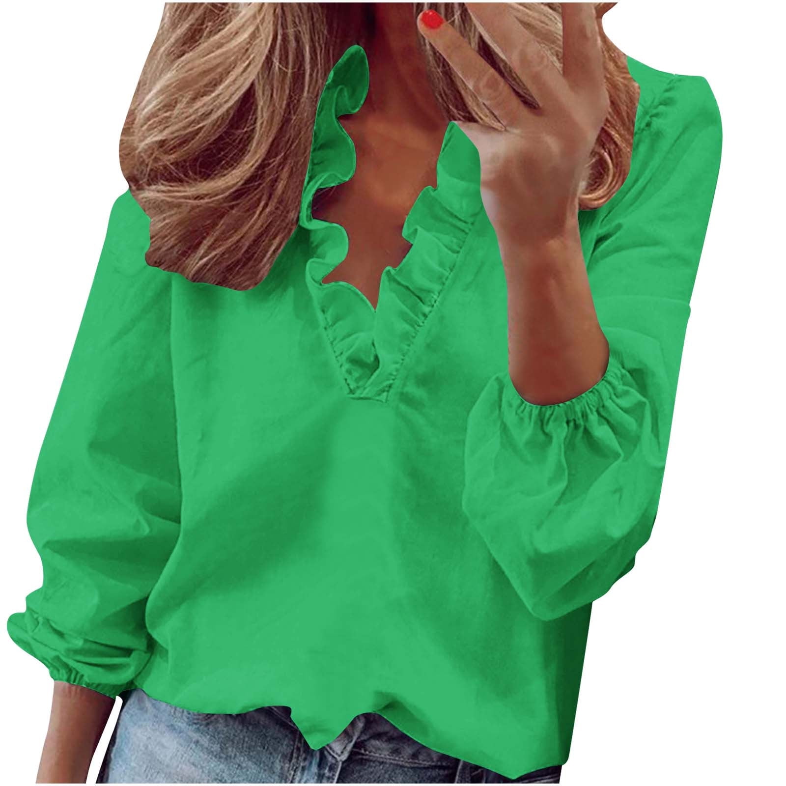 jtjvou Women's Ruffle Blouse for Business Work Elegant V Neck Long ...