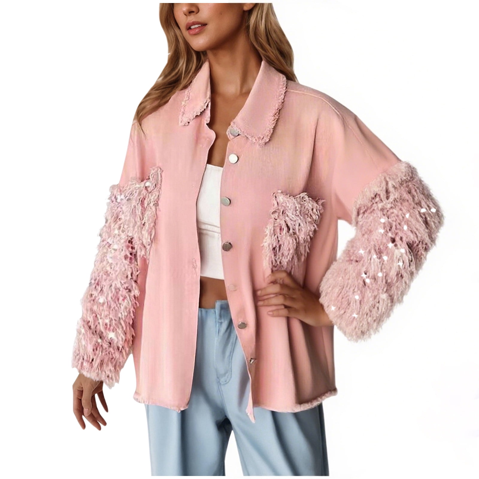 jtjvou Women's Sequin Tassel Fashion Denim Jackets, Prom Party Button ...