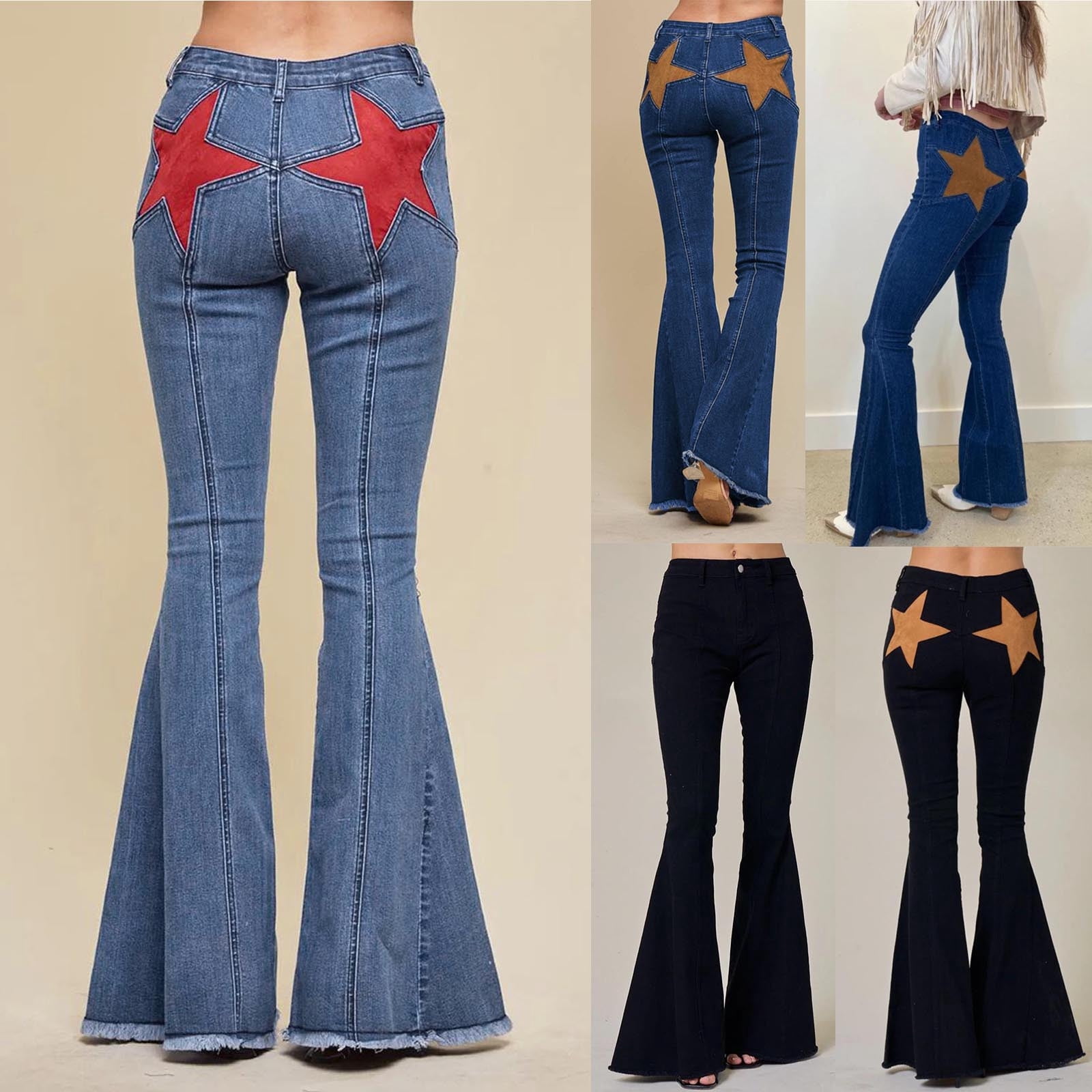 jtjvou Women's Star Patchwork Bell Bottom Jeans High Waisted Frayed Hem ...