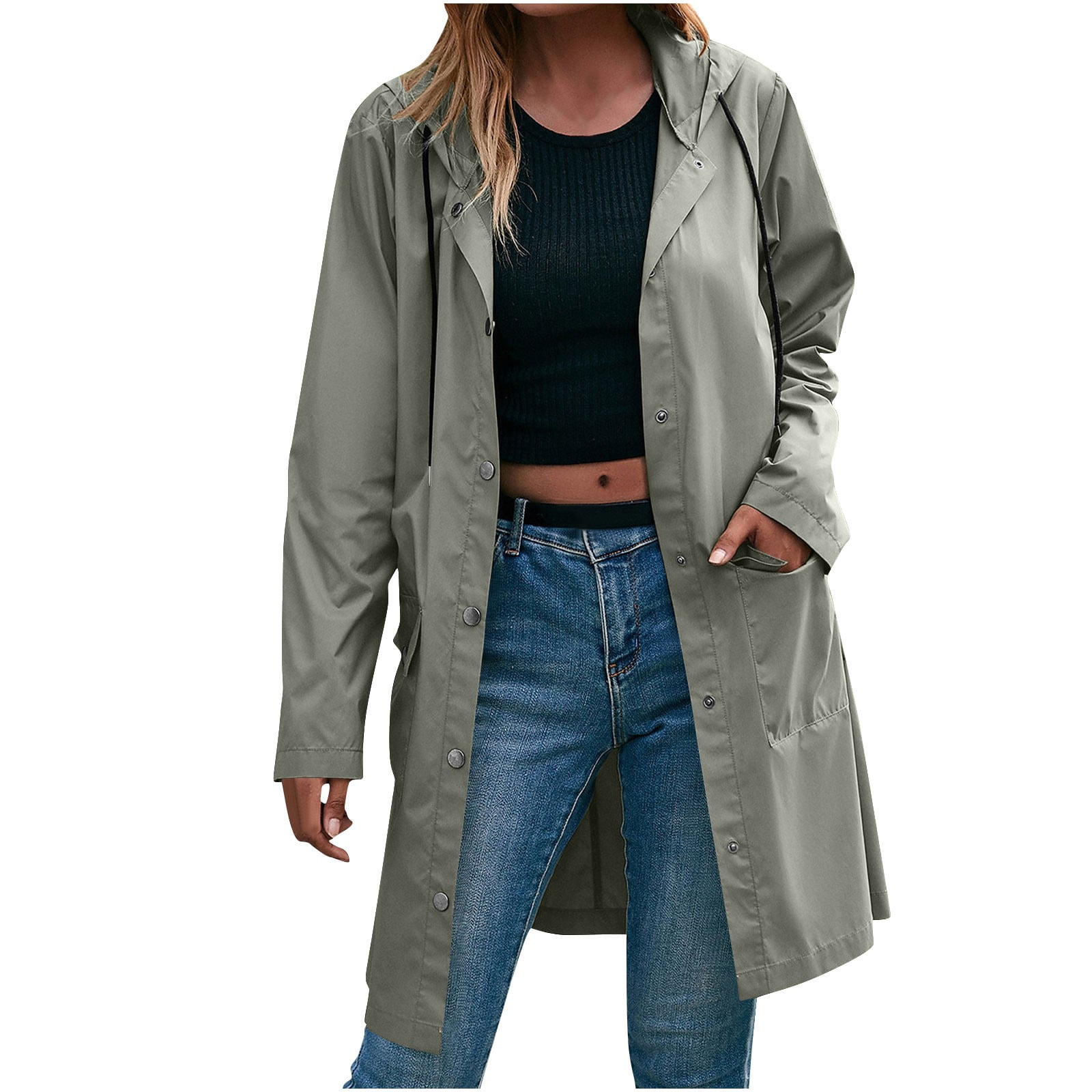 jtjvou Women's Waterproof Rain Jacket Lightweight Raincoat Hooded Windbreaker Trench Coat Button ...