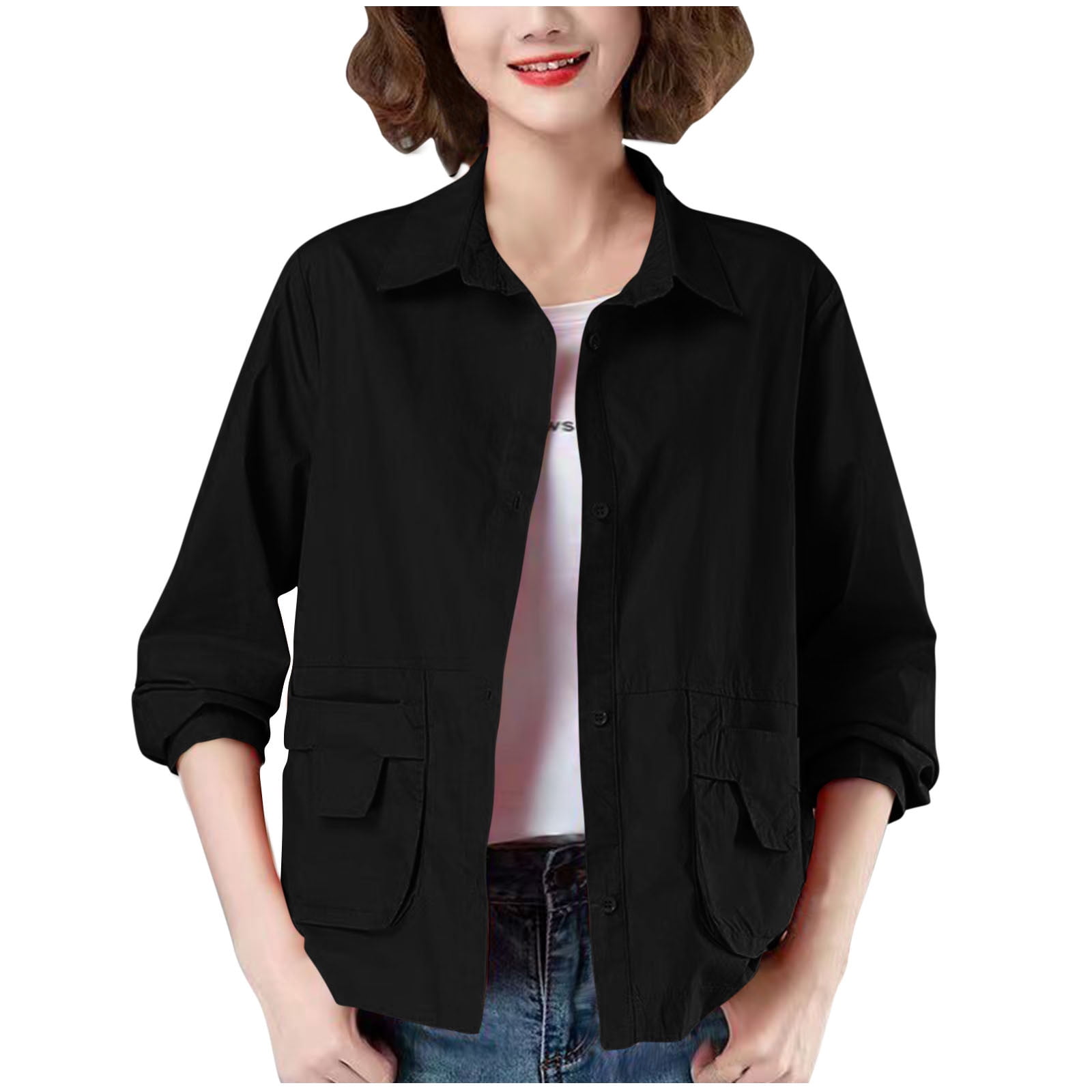 jtjvou Womens Cropped Jacket Solid Collar Coat Cargo Jacket Barn ...