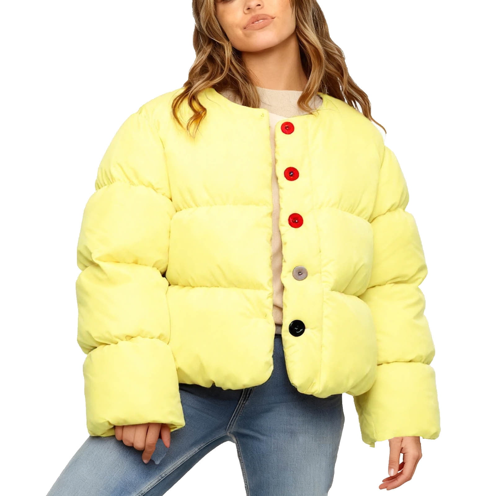 jtjvou Womens Cropped Puffer Jackets Long Sleeve Collarless Button Down ...