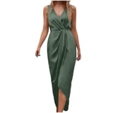jtjvou Womens Elegant Satin Dress V Neck Sleeveless Wrap Cocktail ...