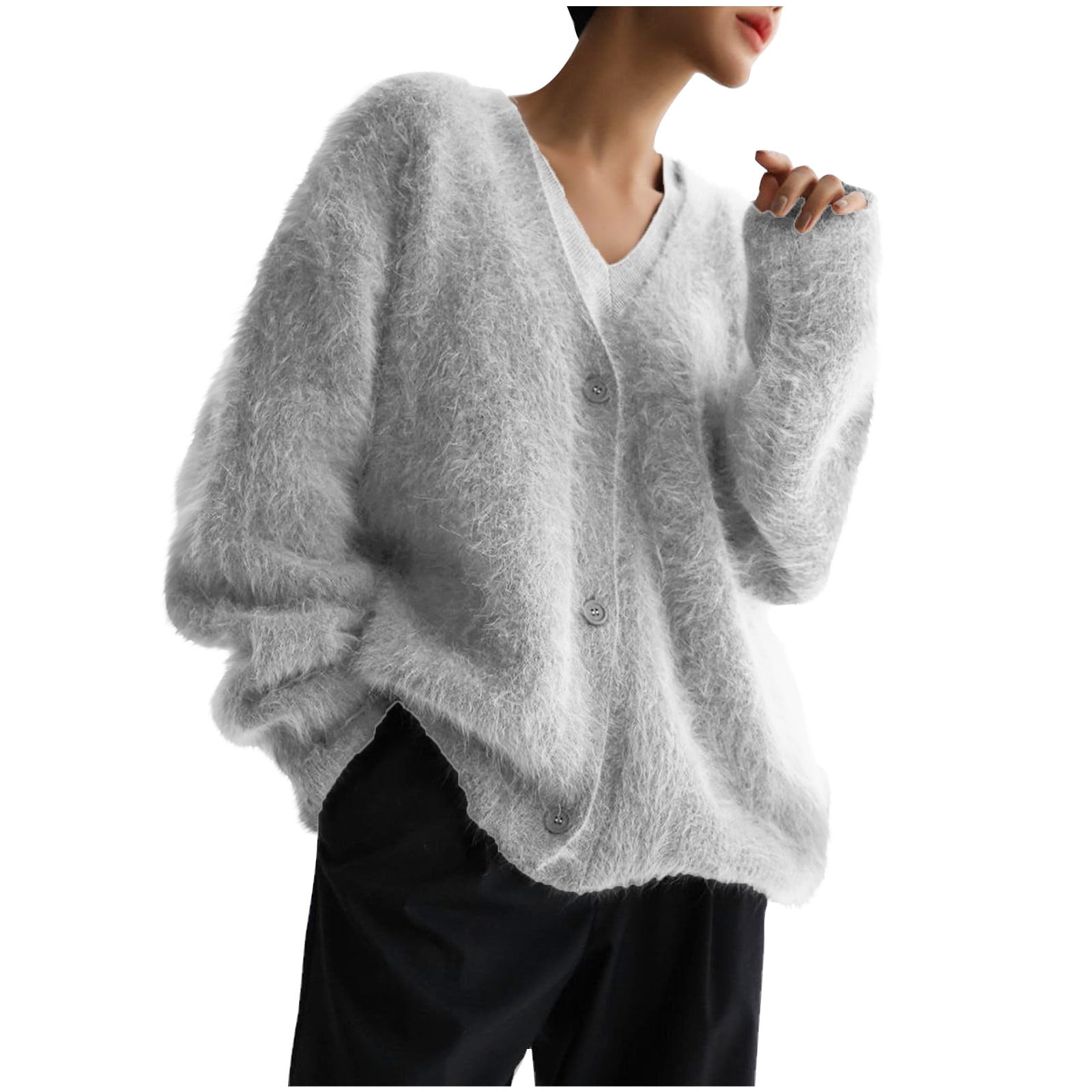 jtjvou Womens Fuzzy Cardigan Sweater V Neck Long Sleeve Button Down ...