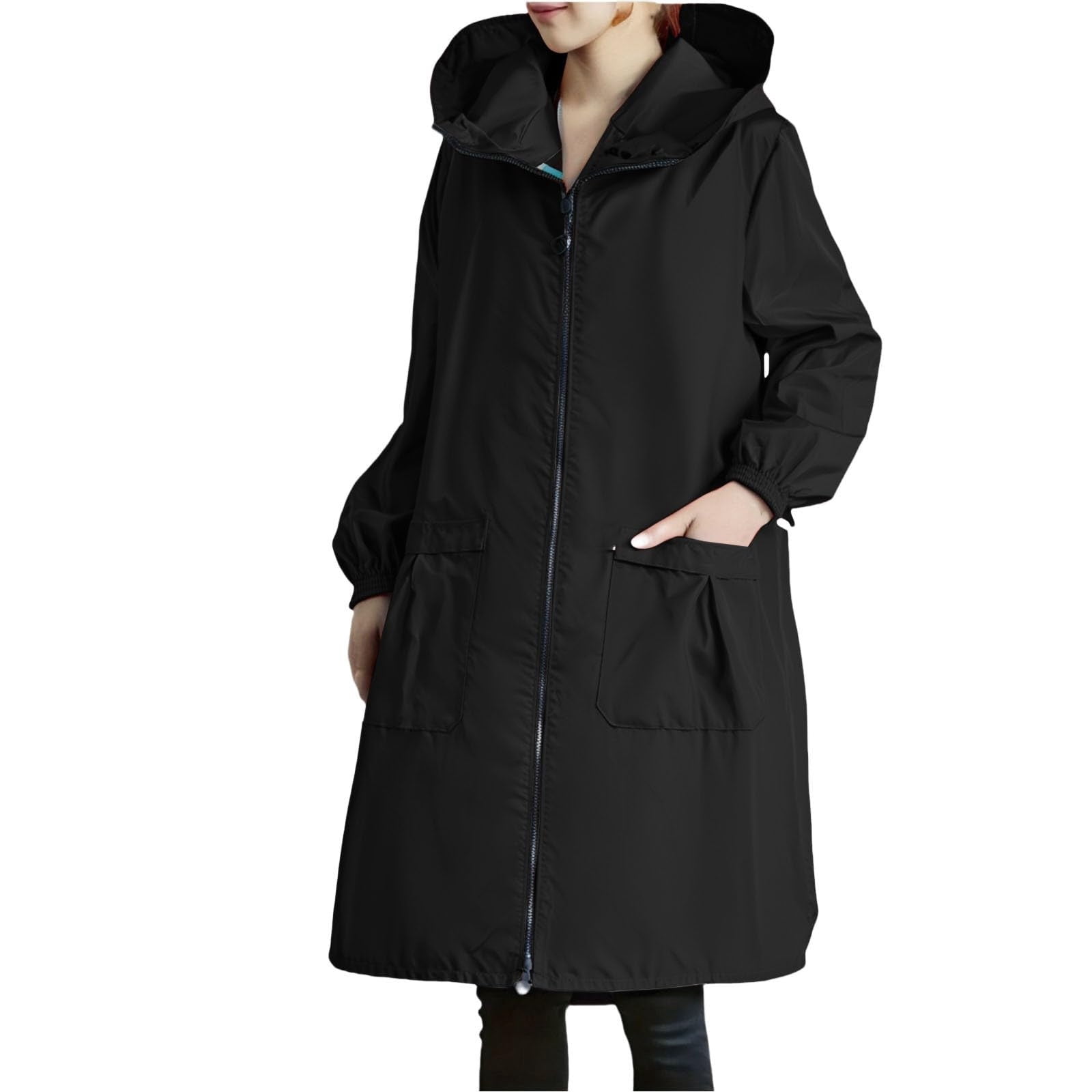 jtjvou Womens Long Raincoat with Pockets Waterproof Oversized Hooded ...