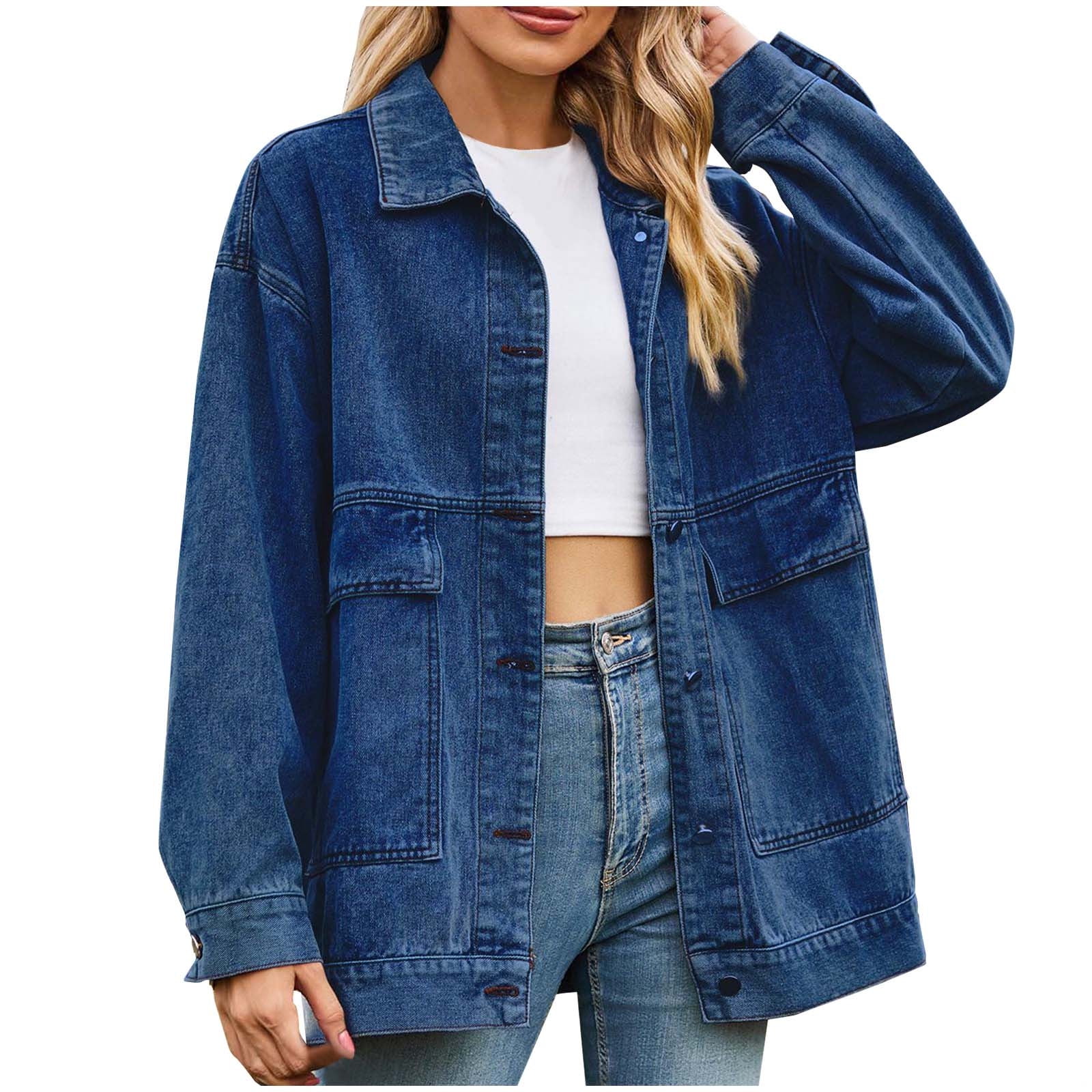 jtjvou Womne's Collar Neck Rolled Sleeve Denim Jackets Winter Fall ...