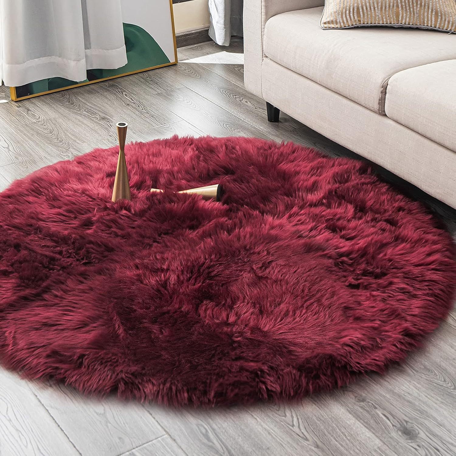 jtsp Faux Sheepskin Fur Area Rug Round Fake Fur Throw Rug Fluffy Home ...