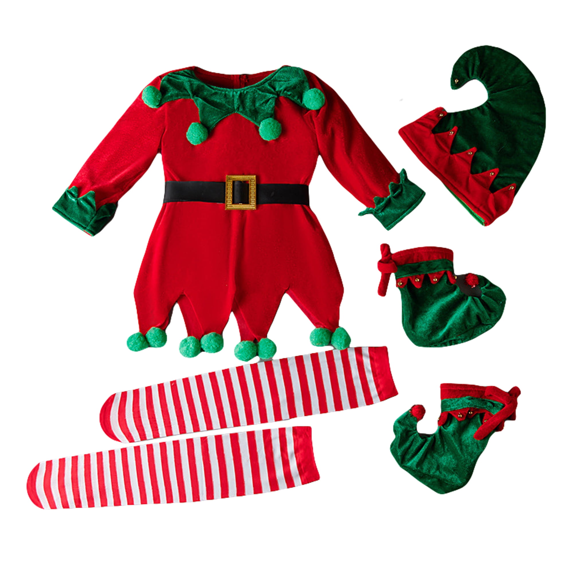 jxxiatang Girls' Deluxe Christmas Elf Outfit with Belt, Dress, Tights ...