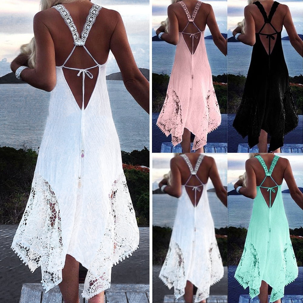 kaioher Women Sleeveless Backless Lacing Irregular Lace Hem Plus Size ...