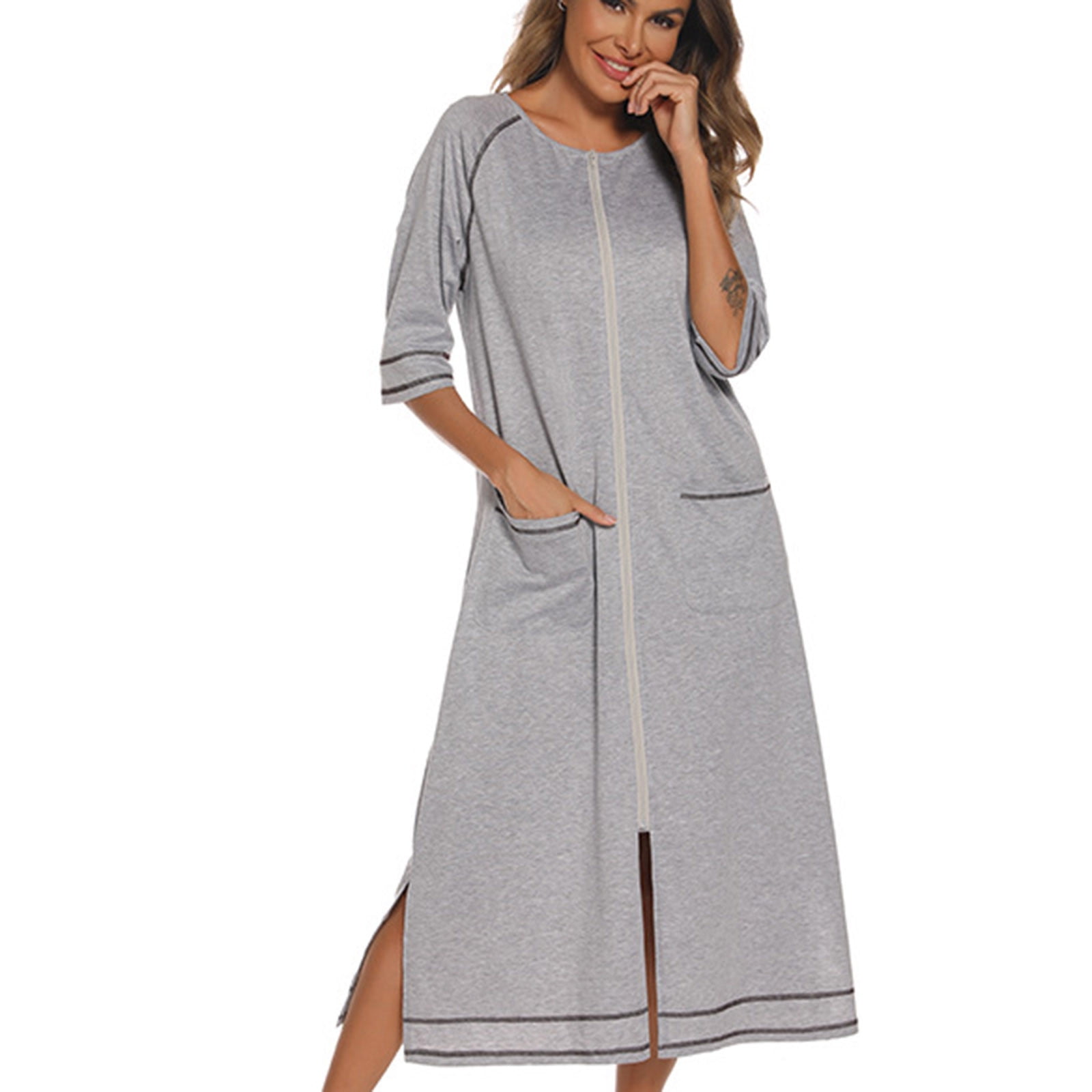 kakina CMSX Women's Warm Nightgown Zipper Front Robes Half Sleeve ...