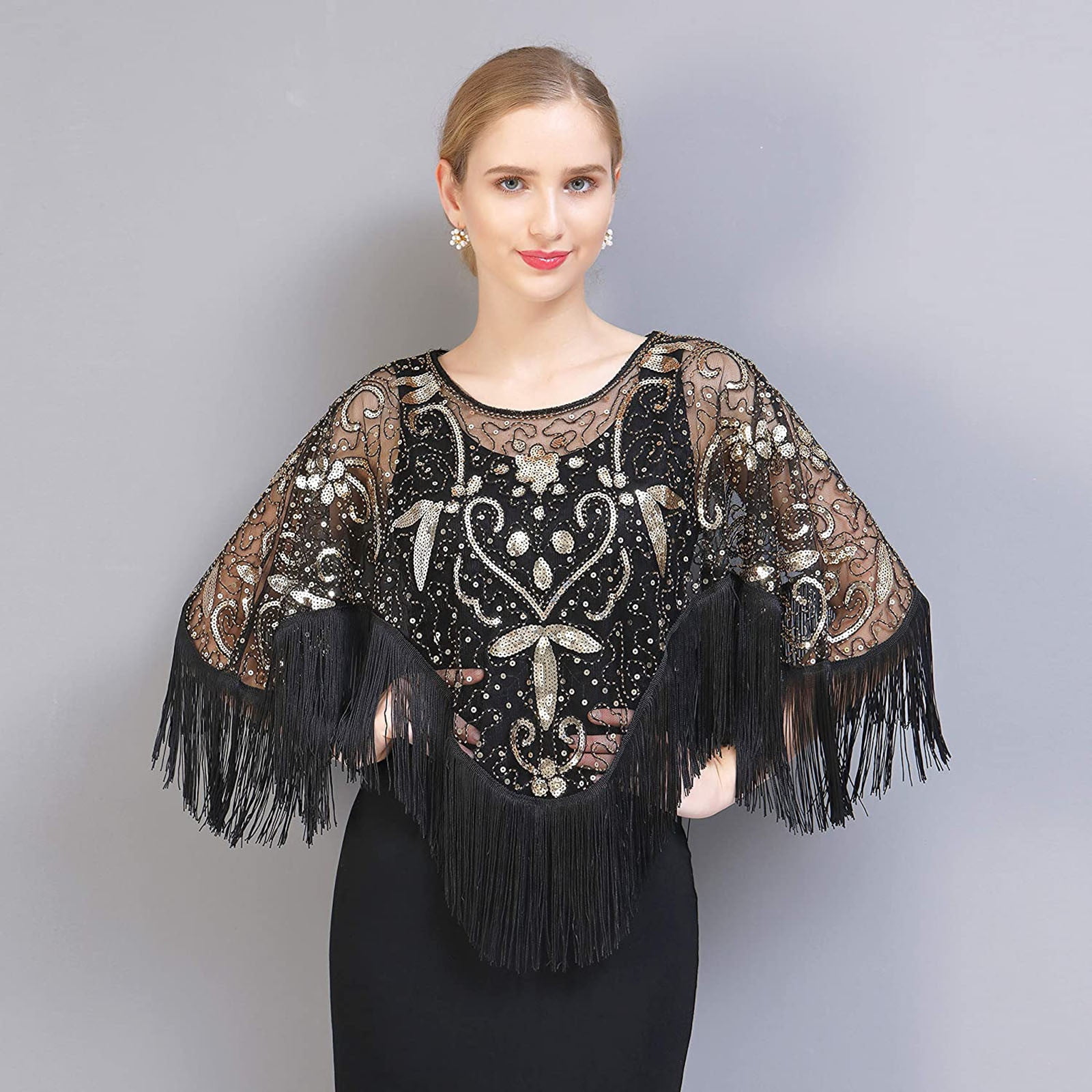 kakina CMSX Womens Blouses Tops, 1920s Shawl Beaded Sequin Evening Cape ...