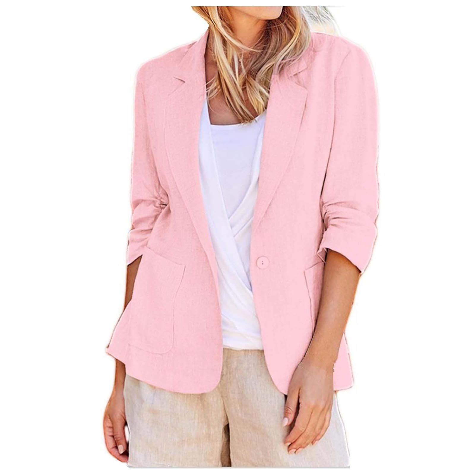 kamemir 2024 Summer Linen Blazer Women 3/4 Solid Color Stretchy Ruched ...