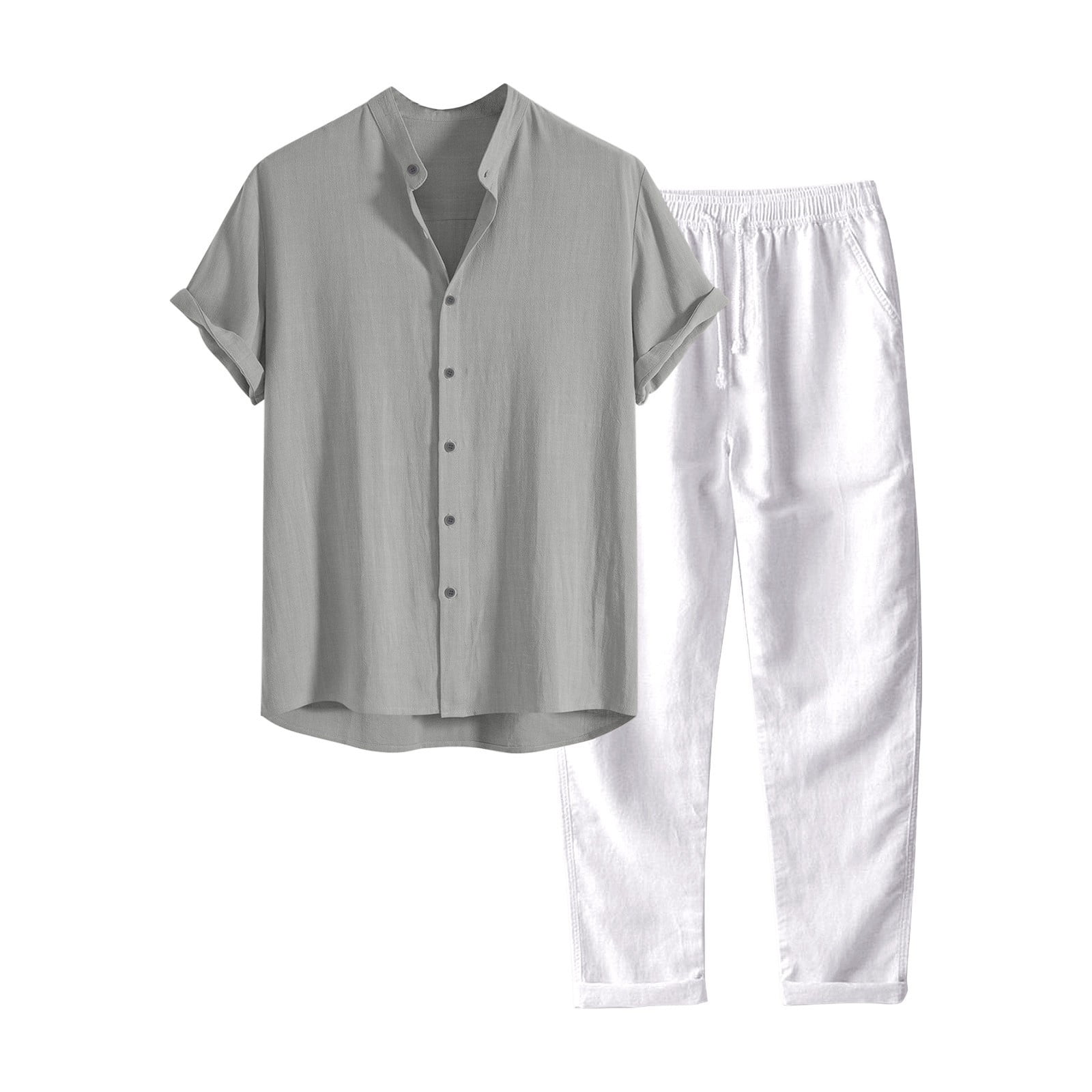 kamemir Cotton Linen Sets for Men 2 Piece Short Sleeve Button Down ...