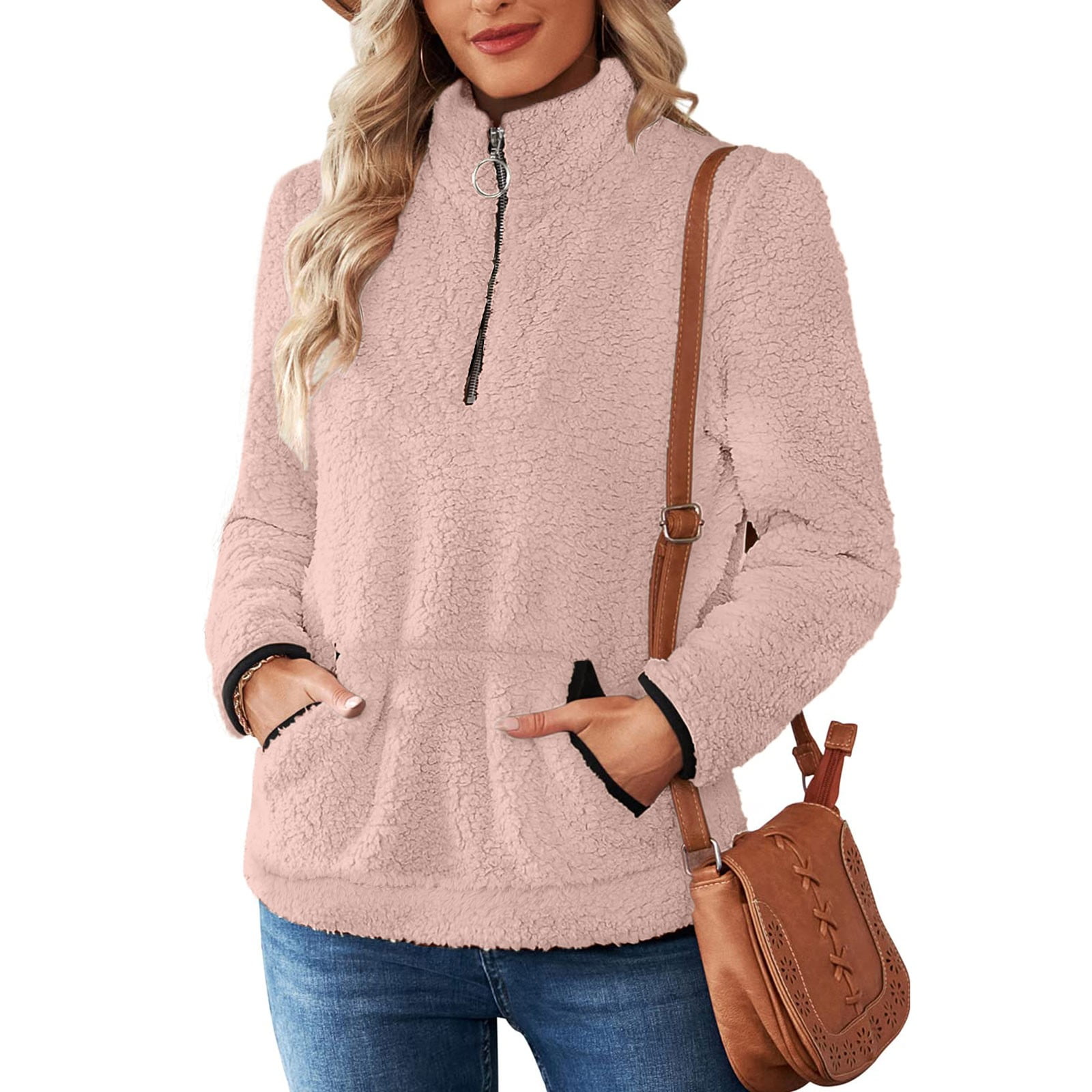 kamemir Women Sherpa Fleece Pullover Quarter Zip Long Sleeve Fluffy ...