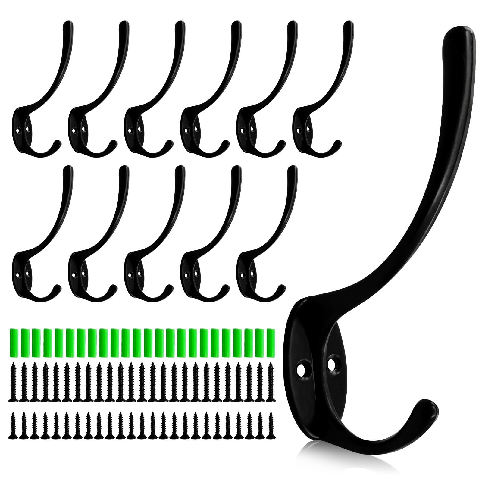 kansata Coat Hooks for Wall Heavy Duty Black Double Hooks, 12 Pack Wall ...