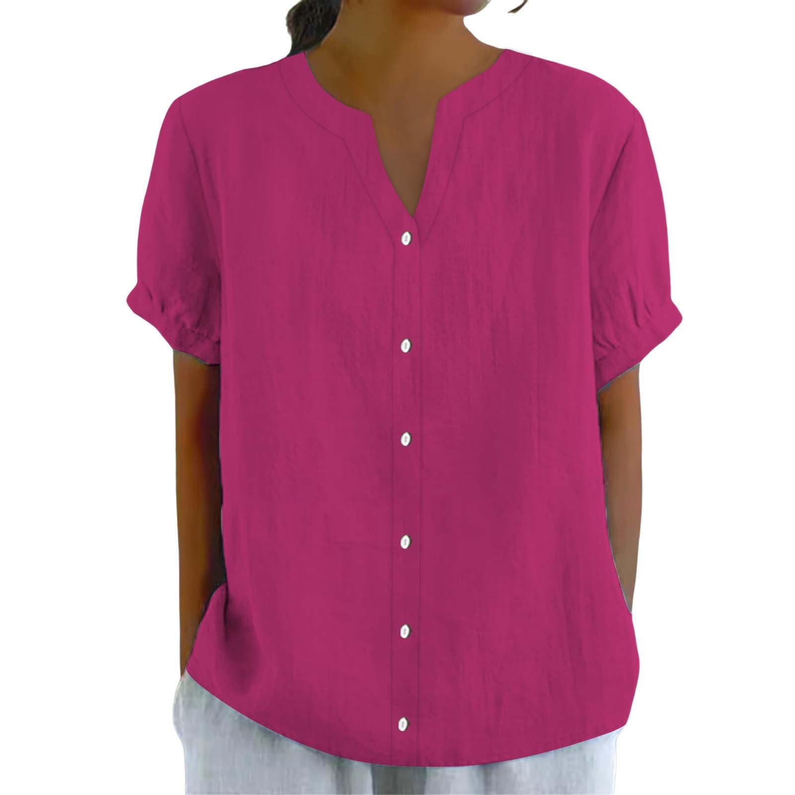 kaondbfi Shirt for Women Casual V Neck Short Sleeved Cotton and Linen ...