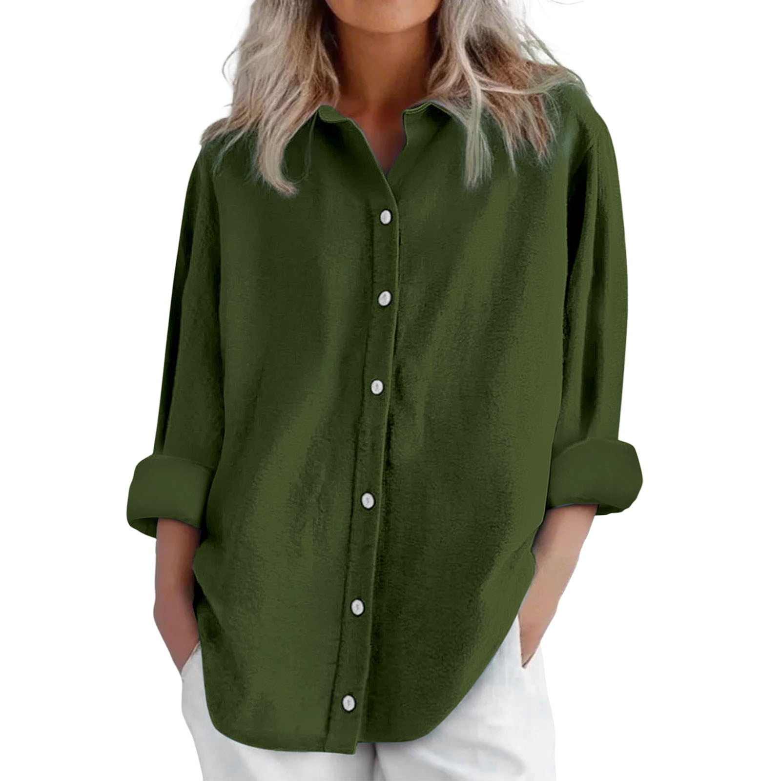 kaondbfi Womens Daily Casual Linen Shirts Long Sleeve Shirts Tops ...