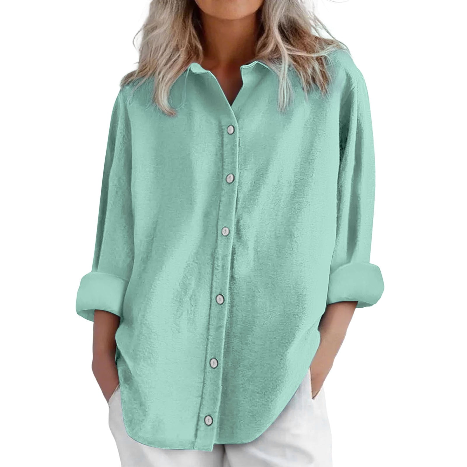 kaondbfi Womens Daily Casual Linen Shirts Long Sleeve Shirts Tops ...