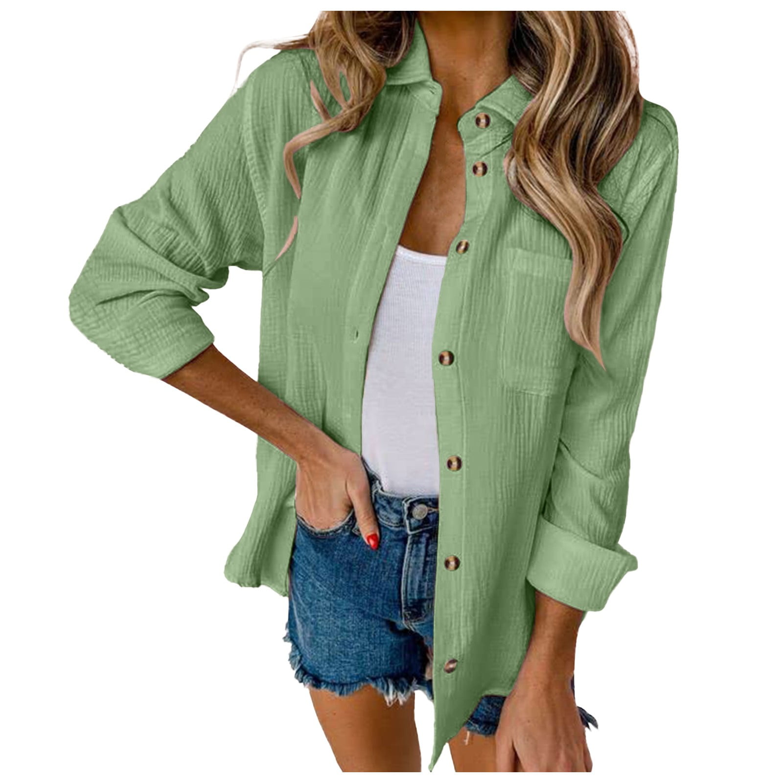 kaprioy Women's Cotton Linen V Neck Button Down Shirt Long/Roll Up ...