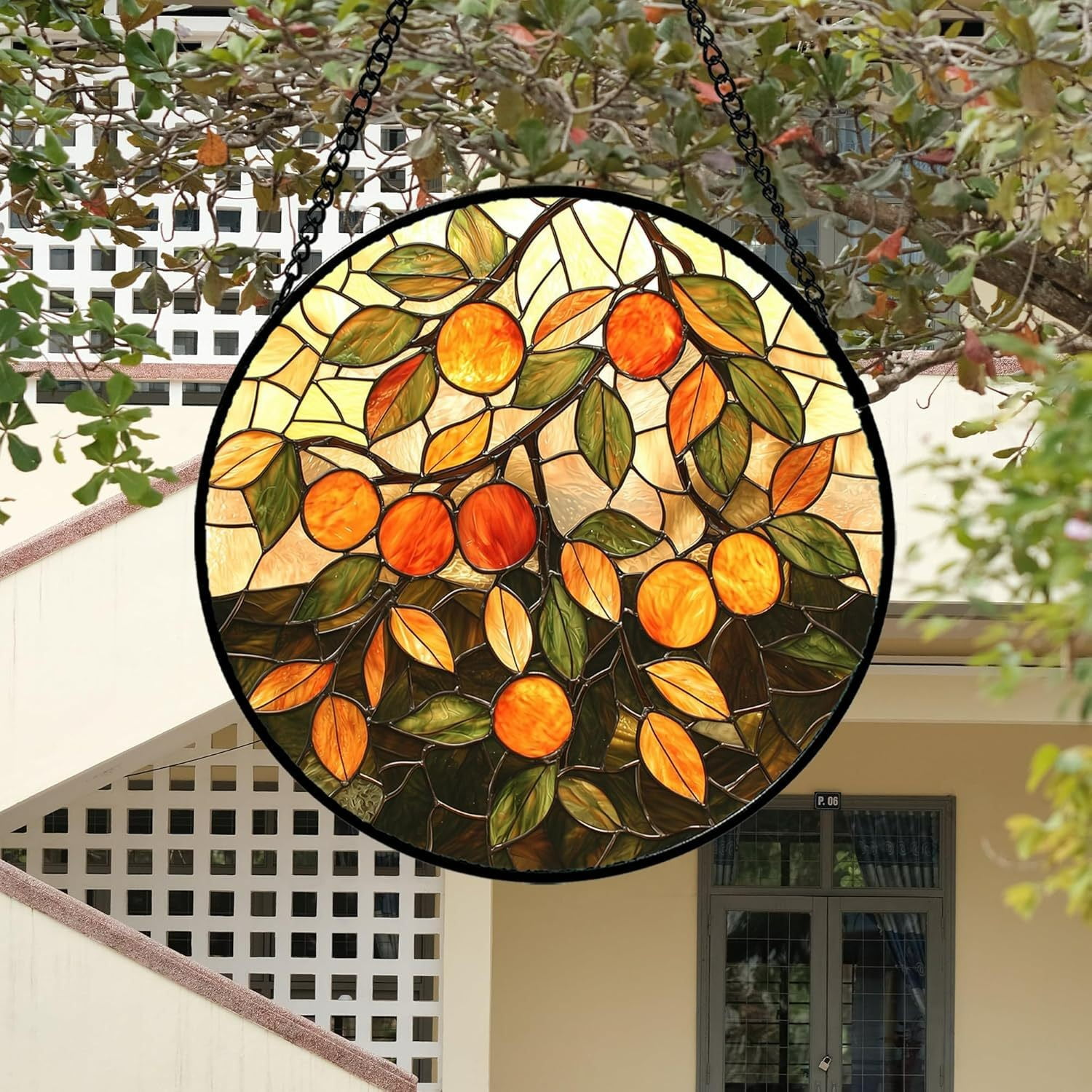 karymi Stained Glass Style Acrylic Pendant with Orange Fruit Tree ...