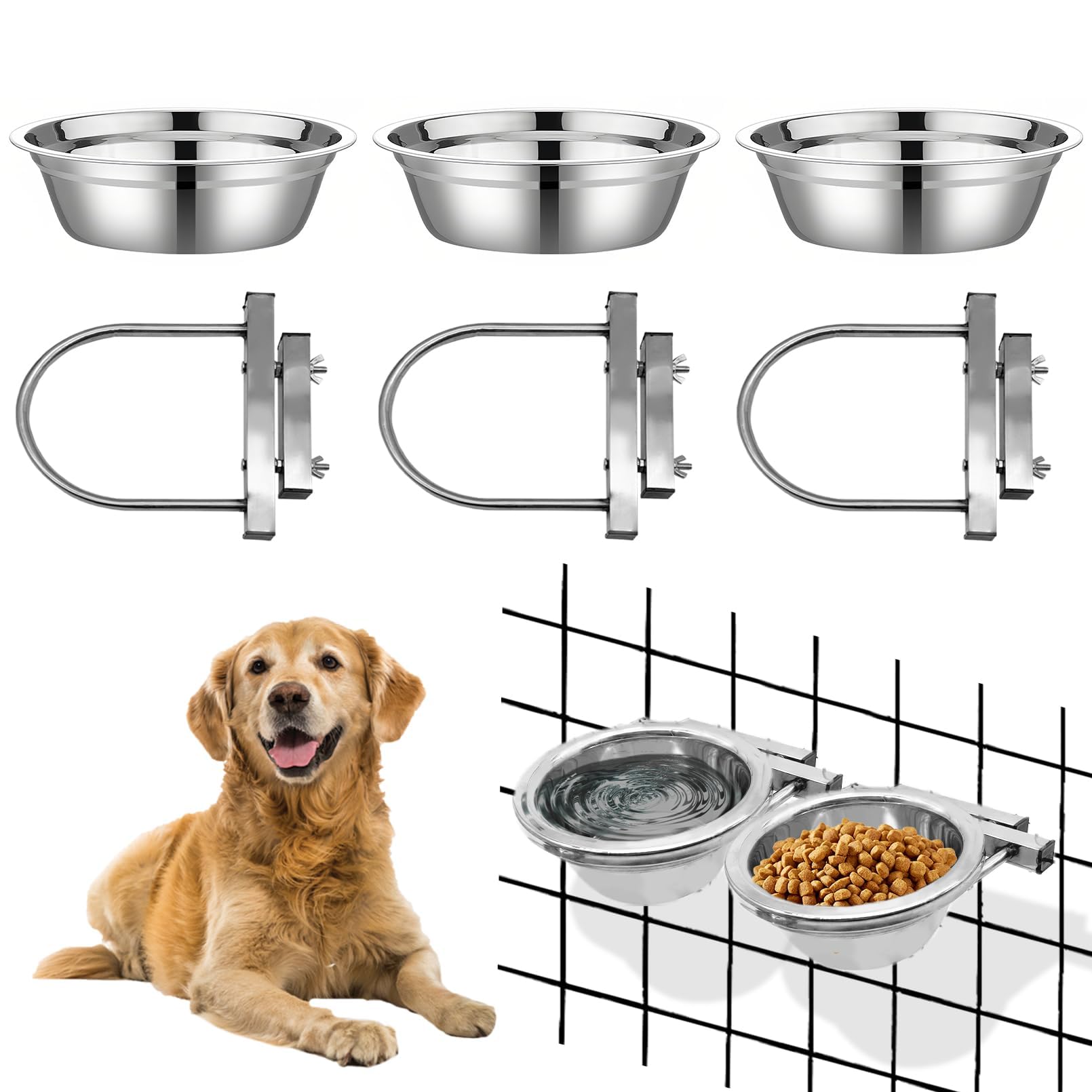 kathson Kennel Water Bowl TMA2 3 Sets Hanging Cage Crate Bowl Anti-Spill Pet Metal Bowl ...