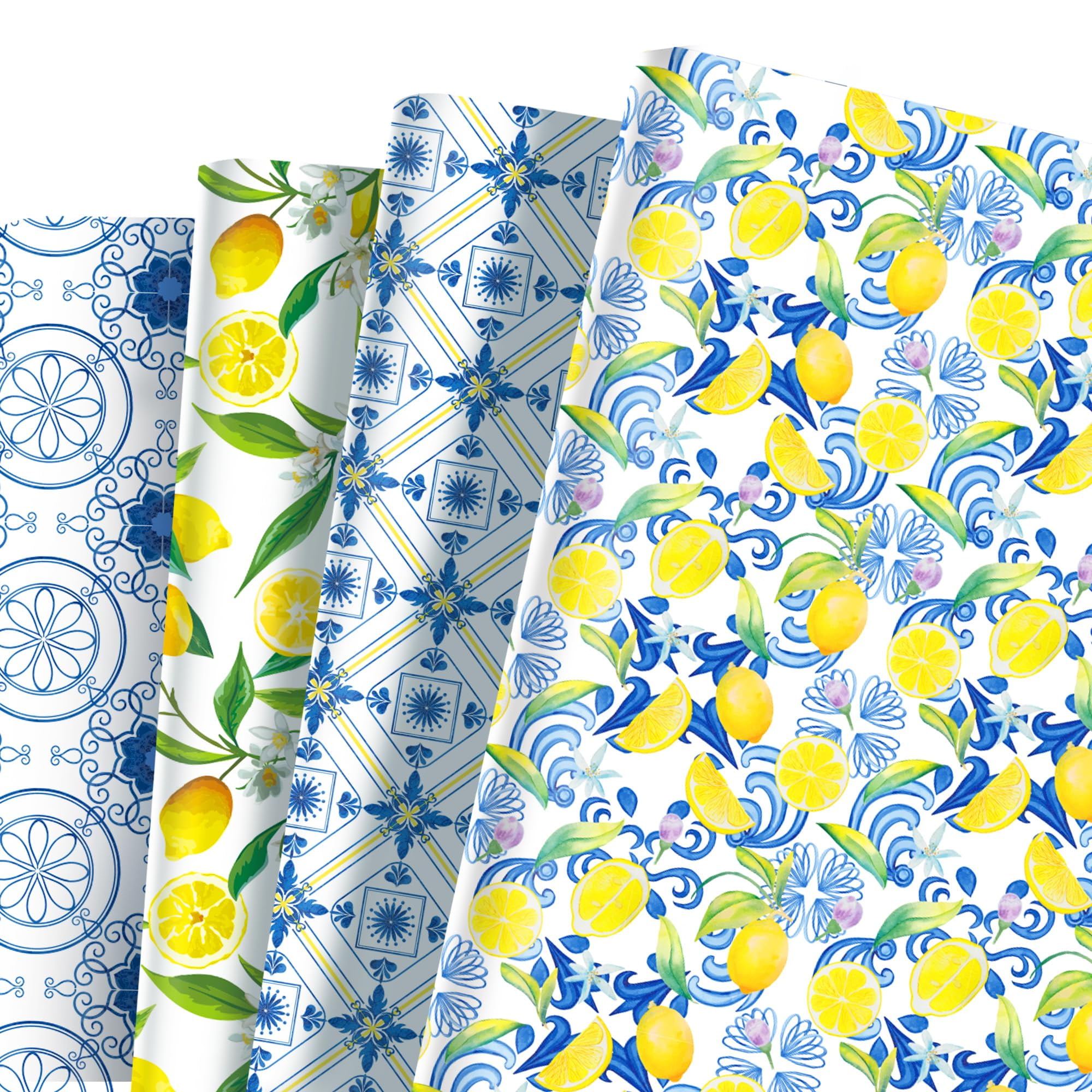 kawaarashi 12 Sheets Blue YPF5 Tiles Lemon Wrapping Paper, Blue Tiles ...