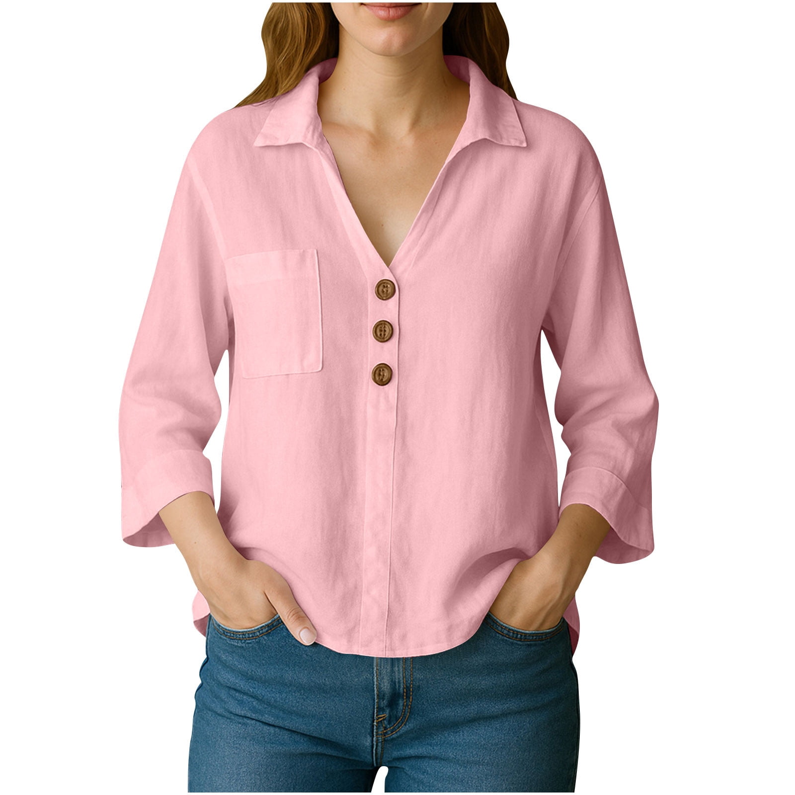 kayannuo Women's Casual 3/4 Sleeve Collared Pocket Blouse - Cotton ...