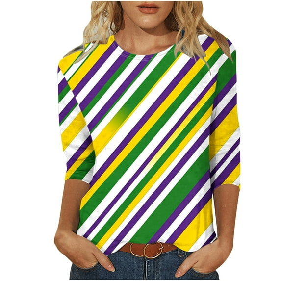 kayannuo Women's Trendy 3/4 Sleeve Round Neck Mardi Gras Print Top ...