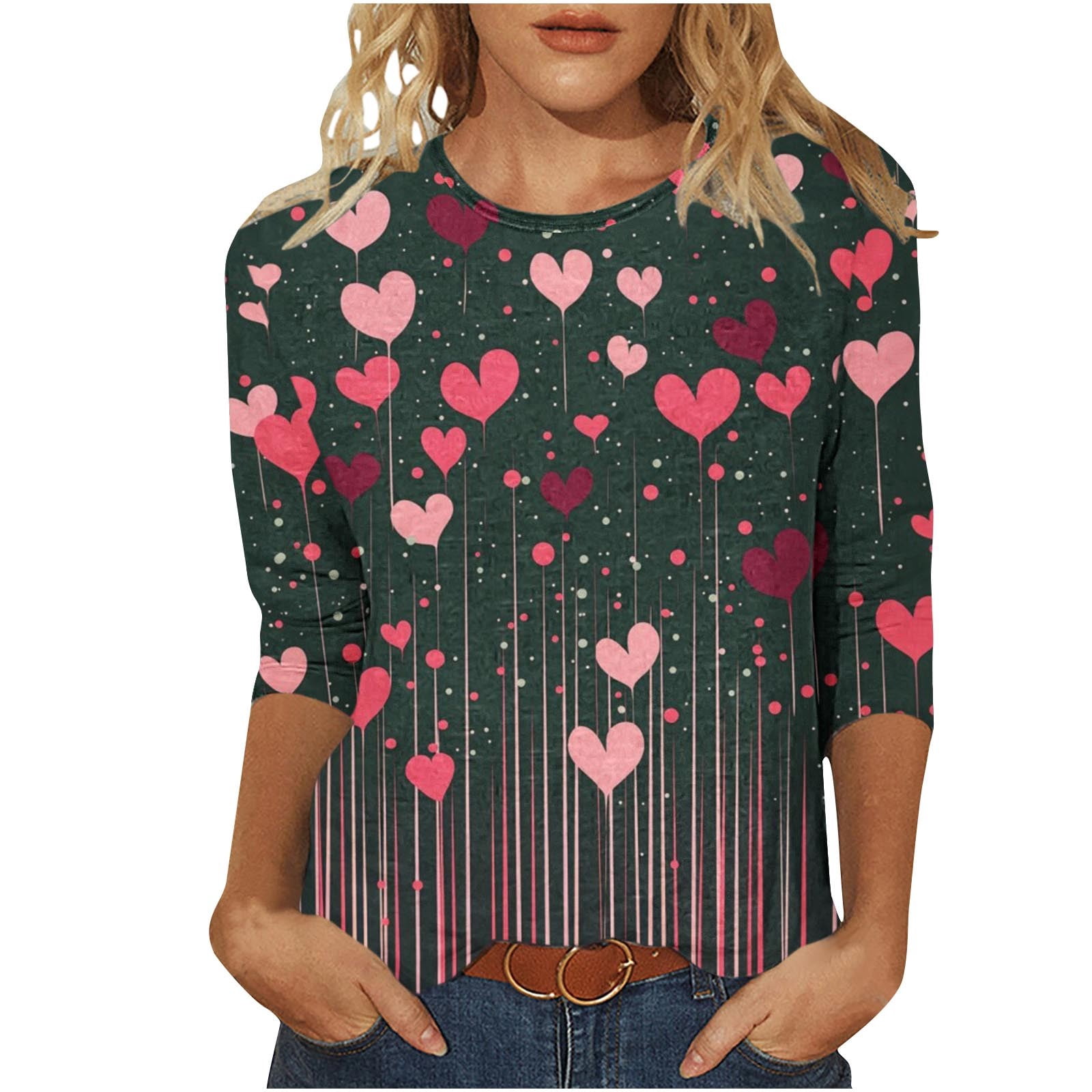 kayannuo Women's Trendy Red Heart 3/4 Sleeve Crewneck Top - Cute Casual ...