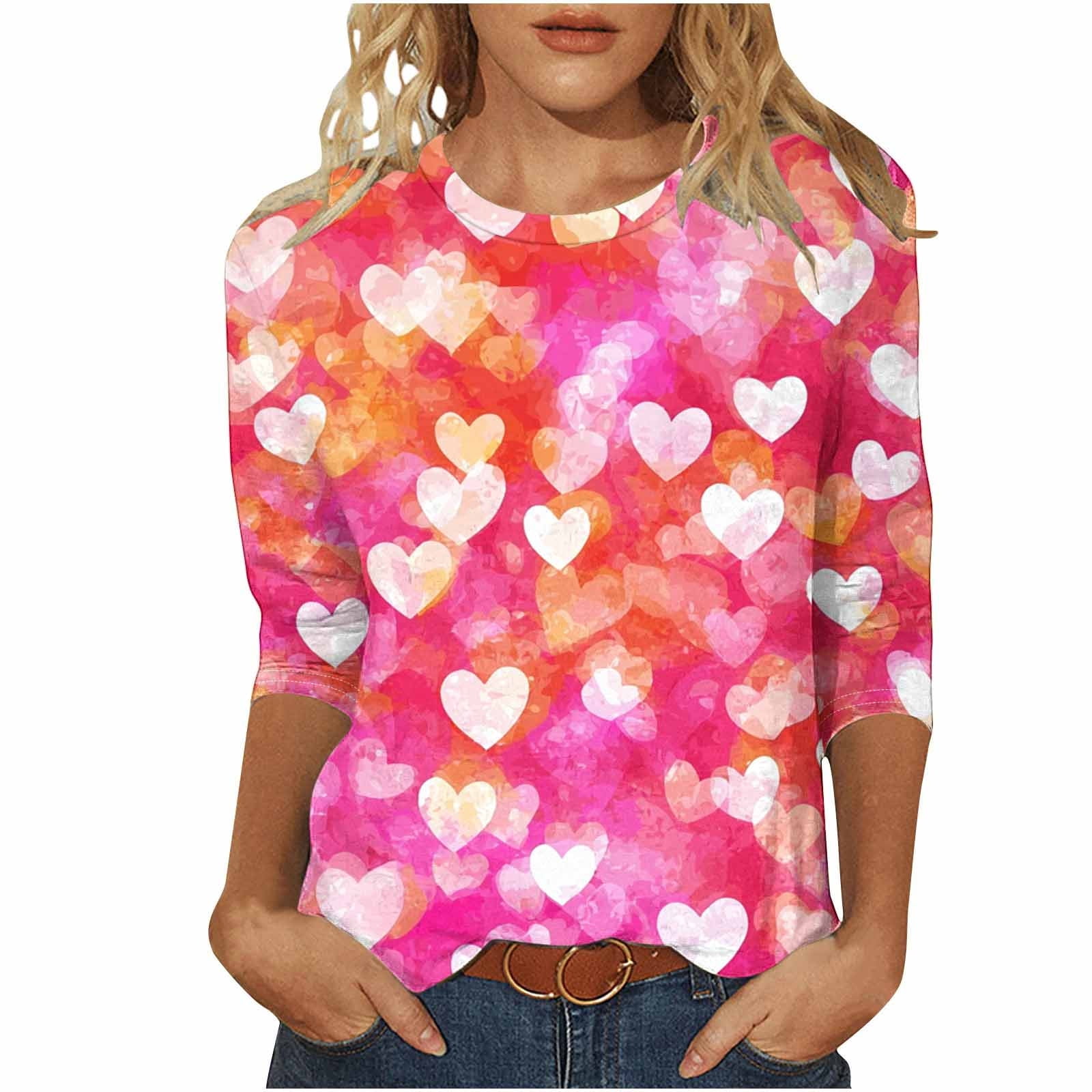 kayannuo Women's Trendy Red Heart Tie-Dye 3/4 Sleeve Top - Cute Casual ...