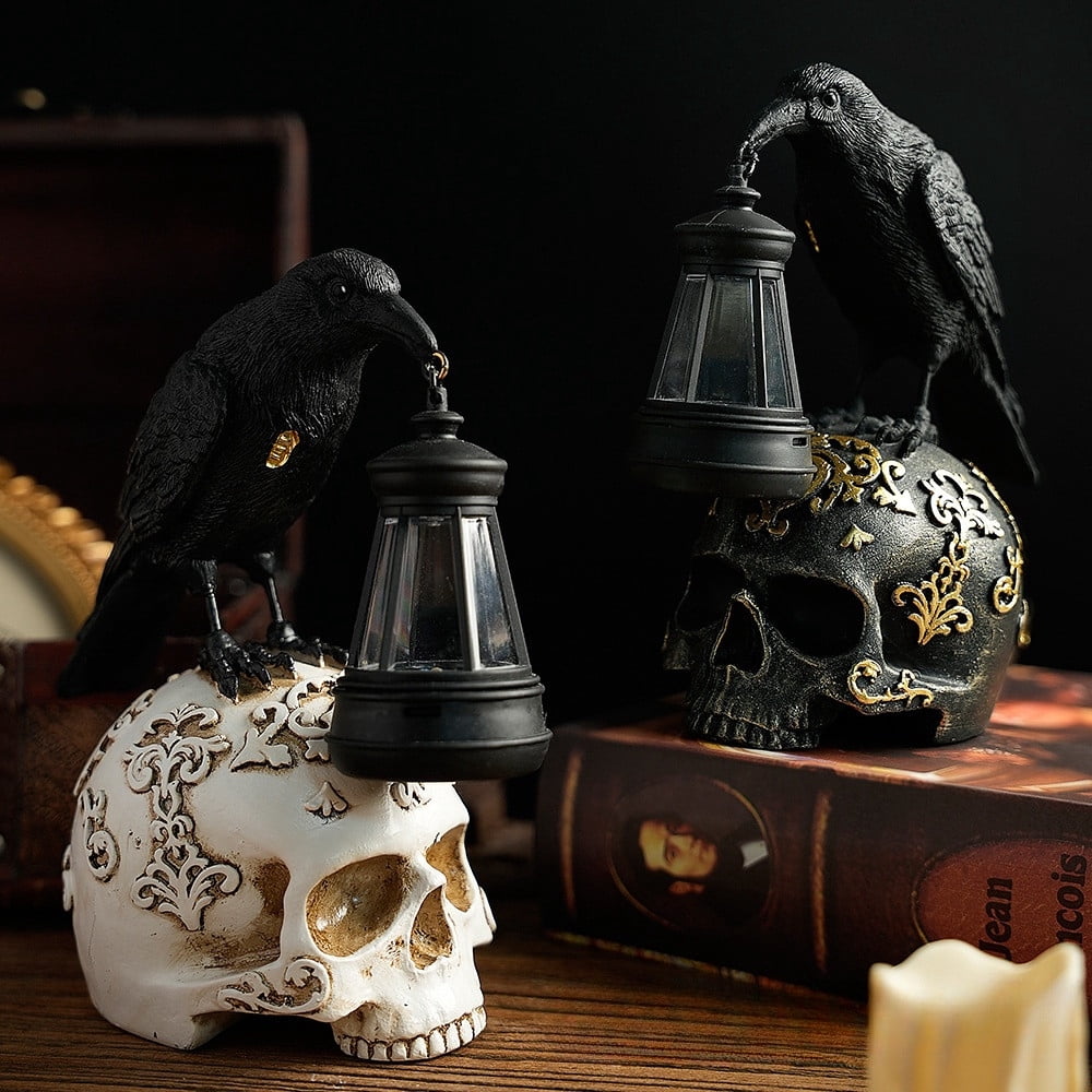 kcavykas Savings Halloween Crow and Skull Resin Figurine, Vintage Solar ...